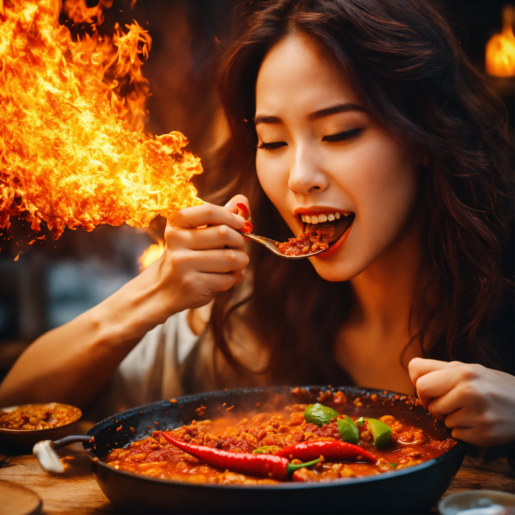 Lexica - A woman eating spicy food, tongue is burning, include fire ...