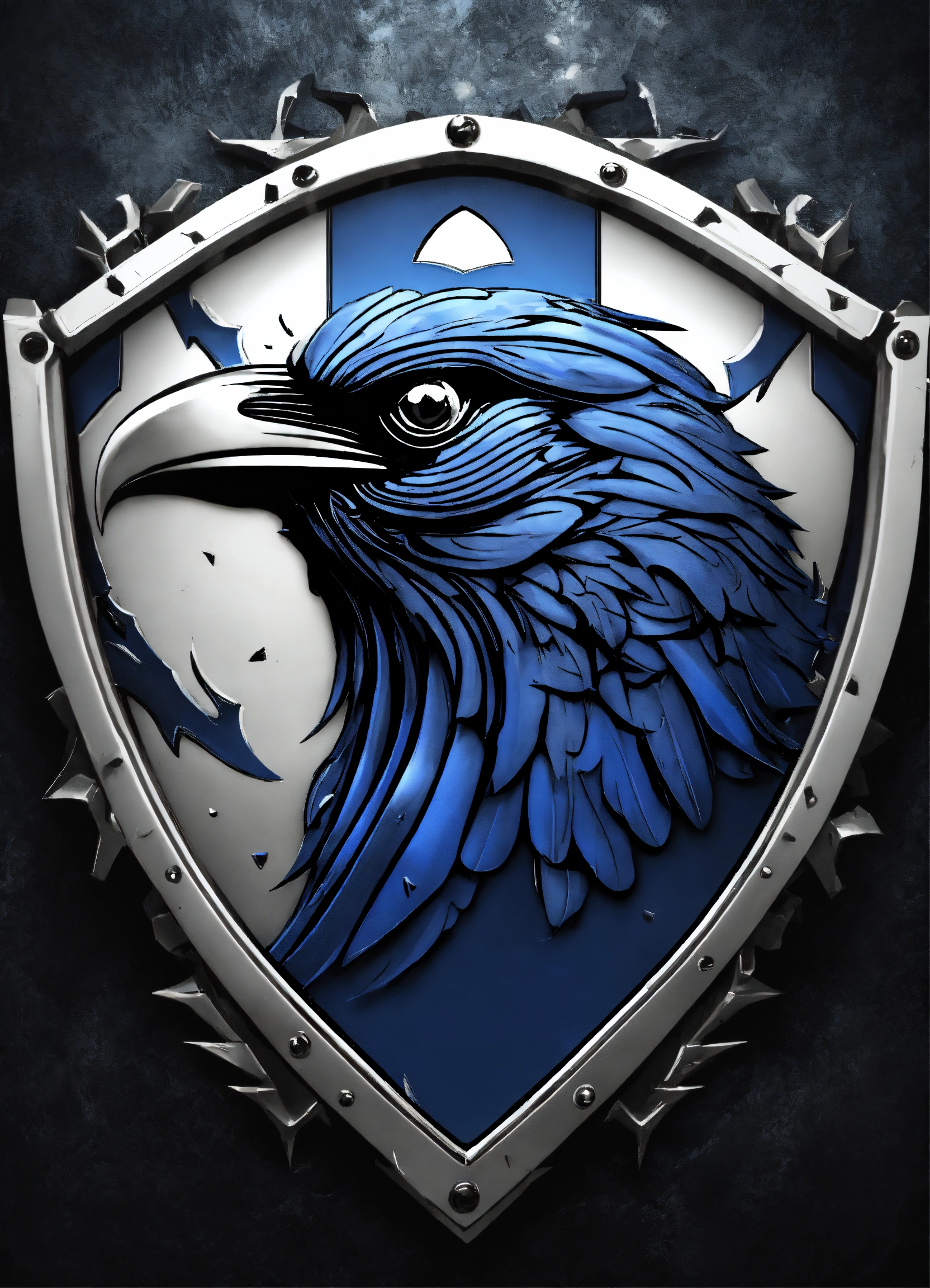 Lexica - Angry, raven logo, snow style, metal, black and blue, shield