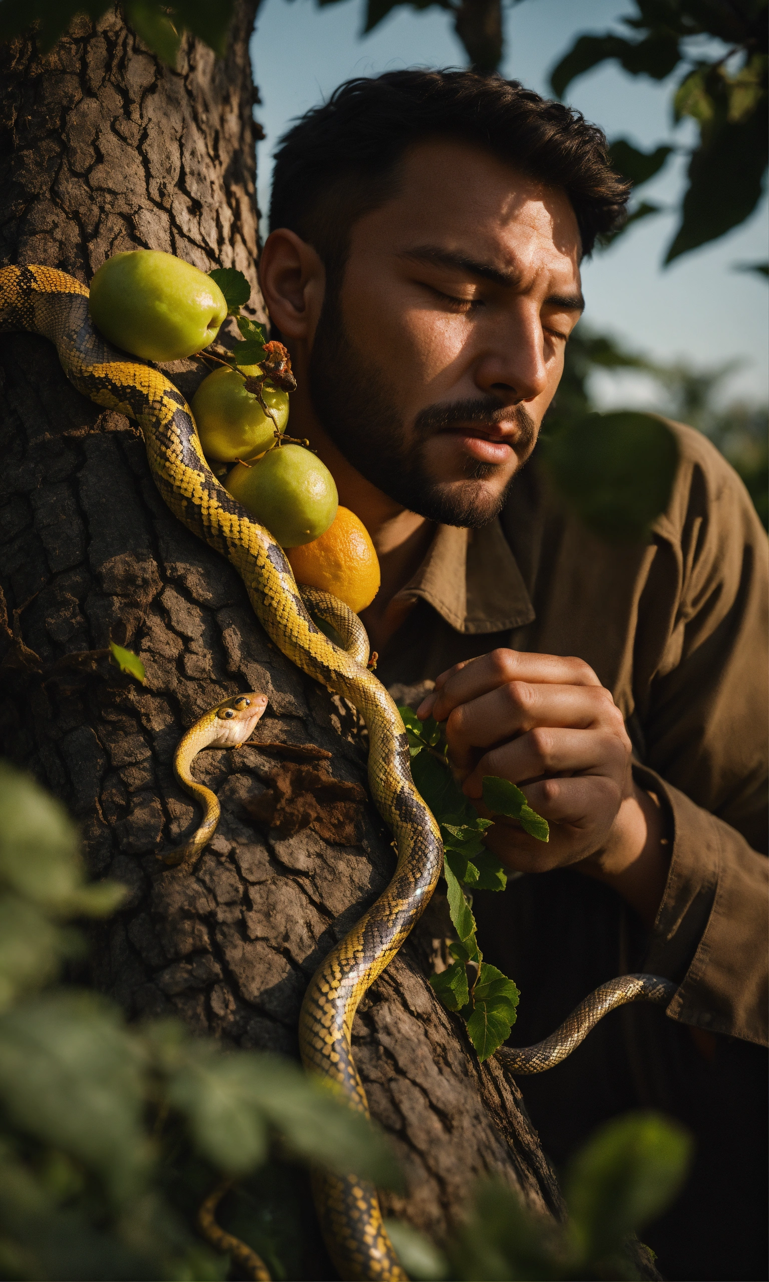 Lexica - A sad man eating an unknown fruit from a tree, a snake ...