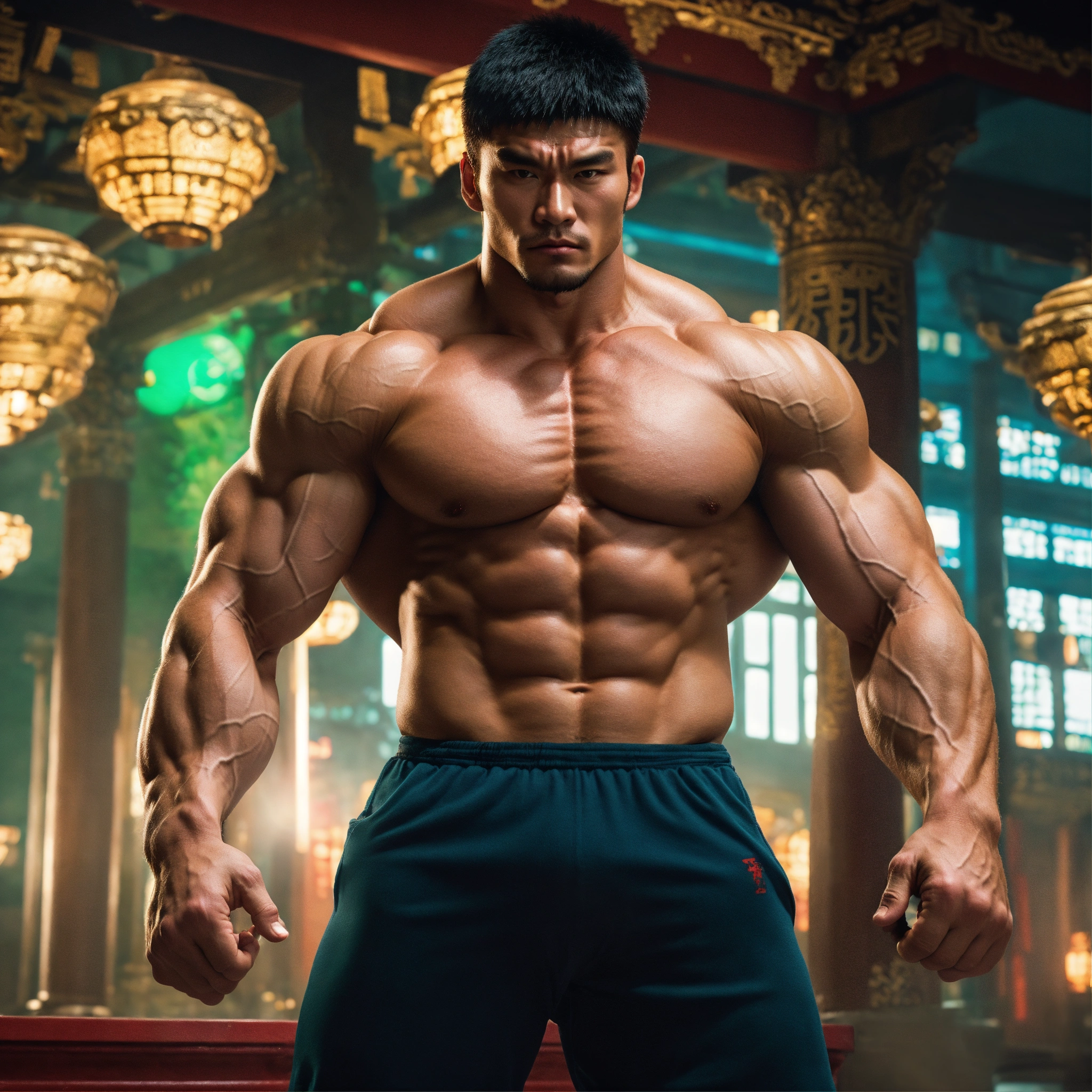 Lexica - 30-year-old hairy man with big muscles, Fei Long from Street Fighter, big bodybuilder ...