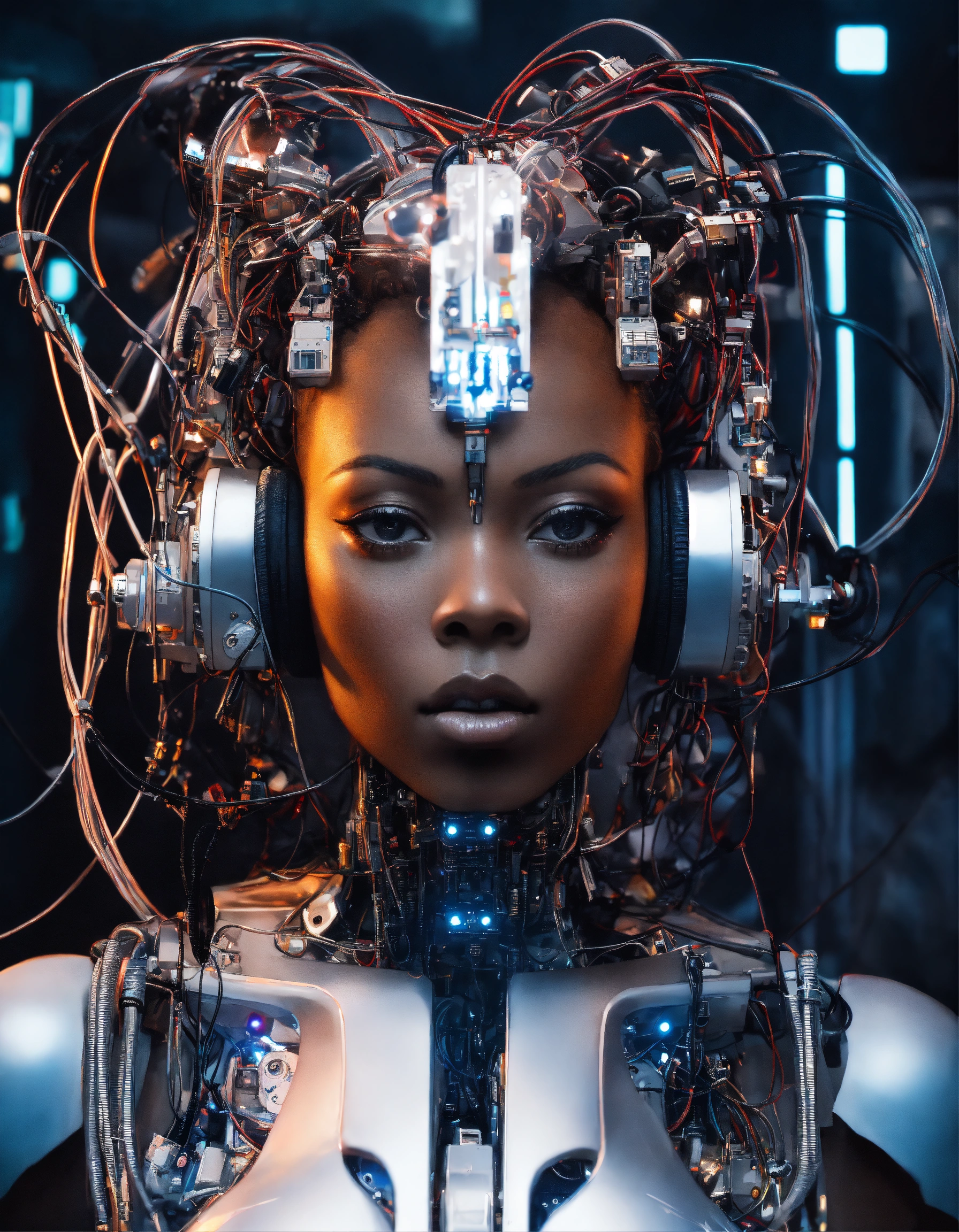 Lexica - Portrait Photography, in front of cables and wires, a black ...