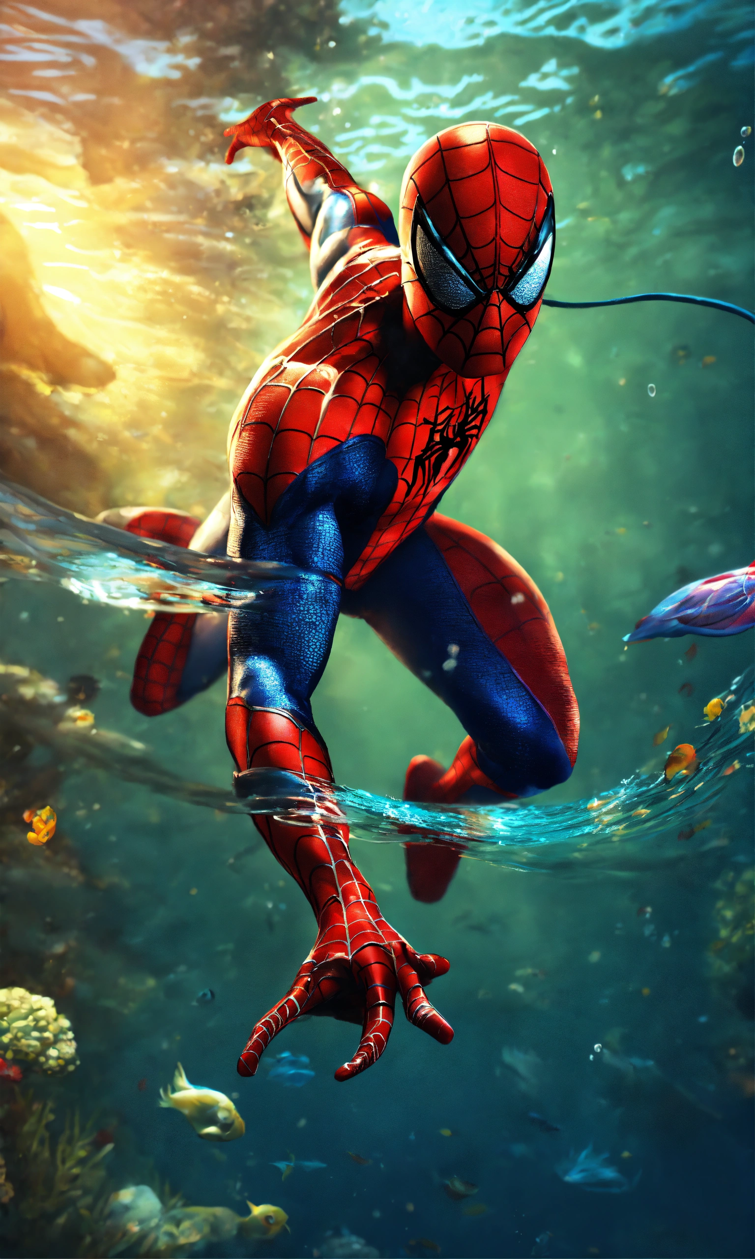 Lexica - Spiderman in underwater, 2D render, realistic
