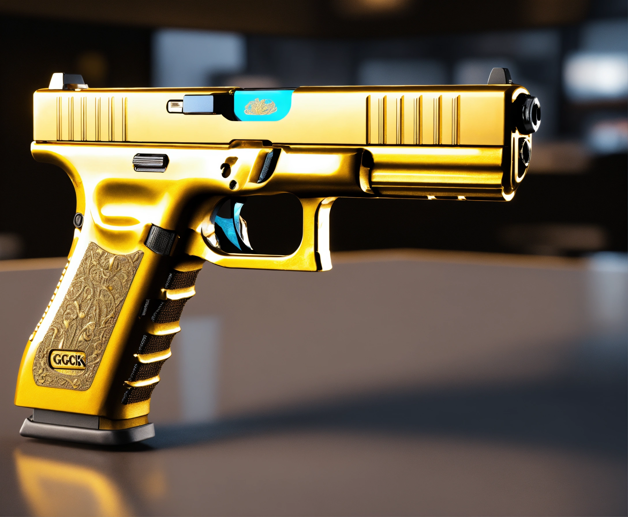 Lexica - (SIDE-VIEW) golden, glock, intricate design, 128K, UNREAL ENGINE