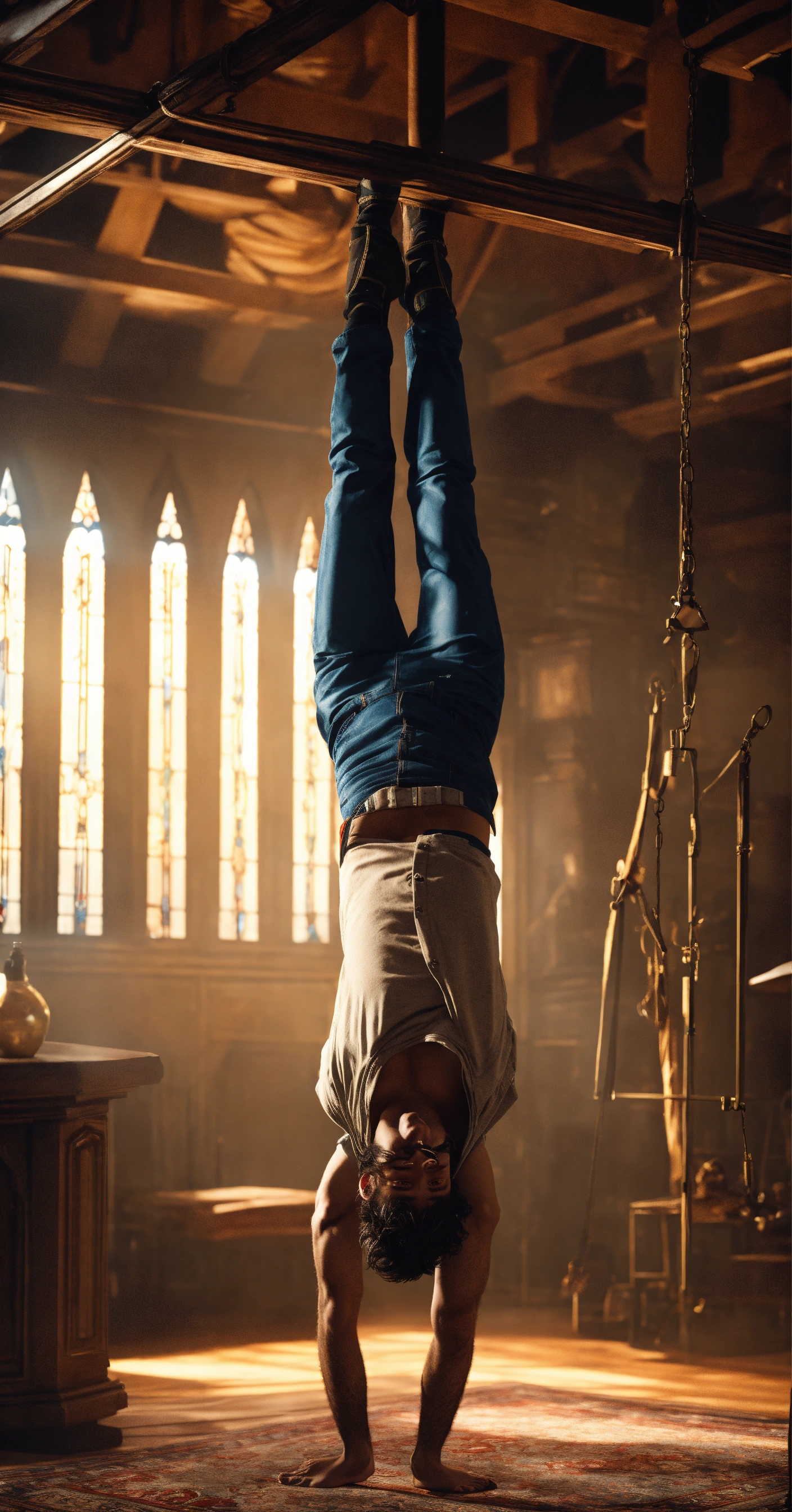 Lexica - A man hanging upside down by his leg while his other leg is crossed at the knee, tarot ...