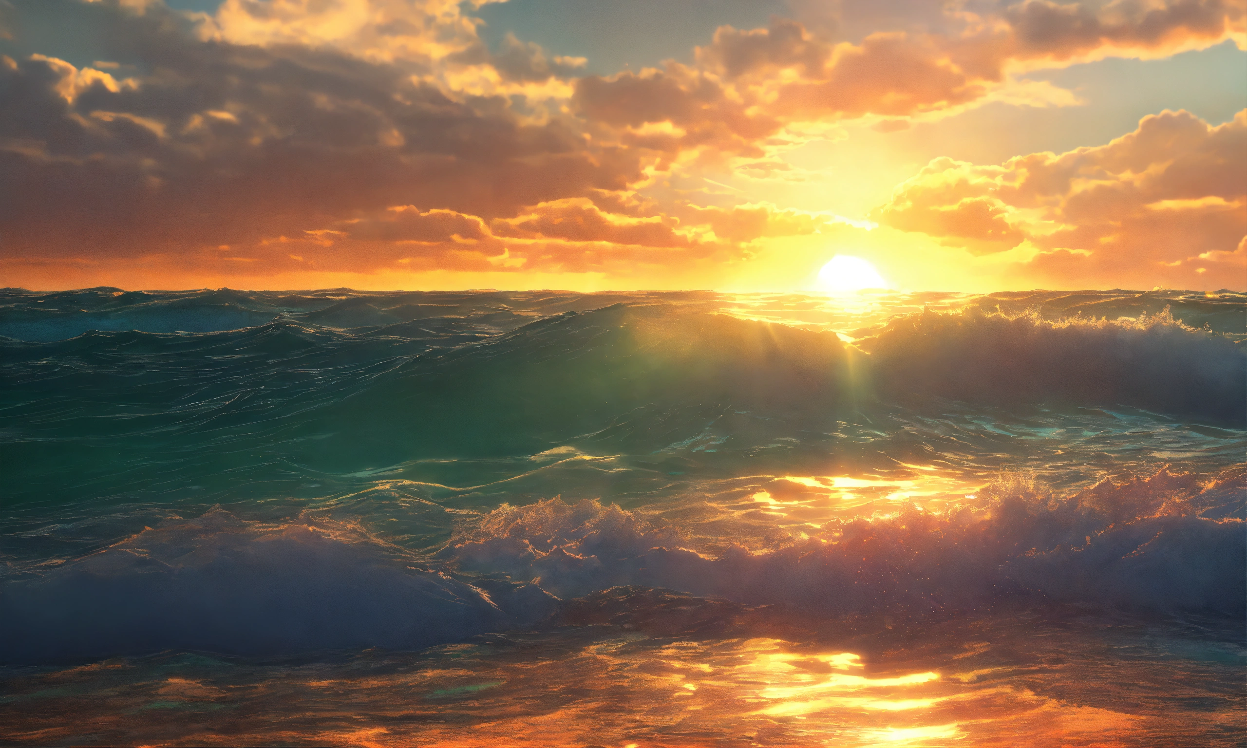 Lexica - Close up ocean waves field with rays of sunlight, lots of ...