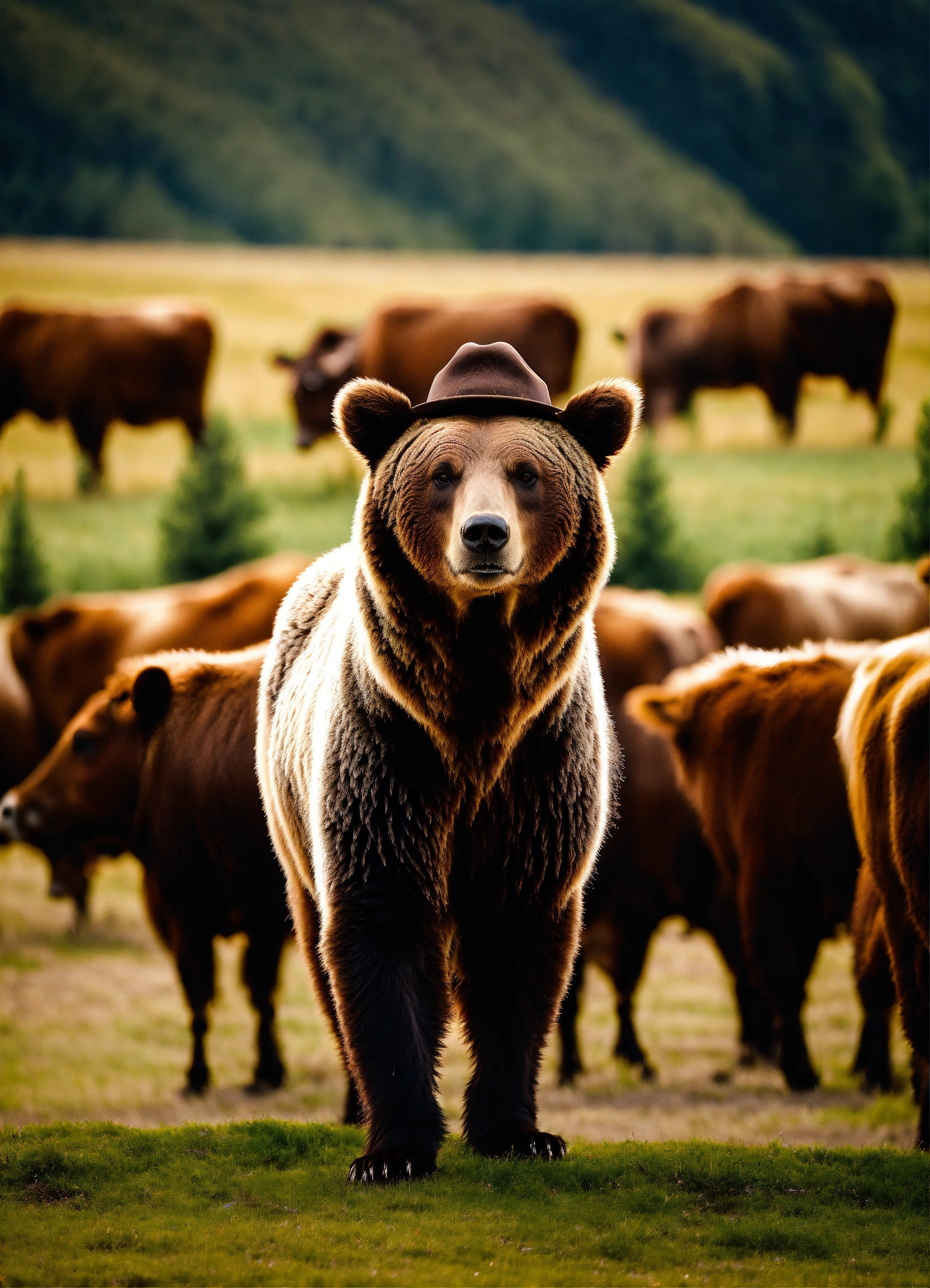 Lexica - Grizzly bear wearing cowboy hat, standing in front of hers of ...
