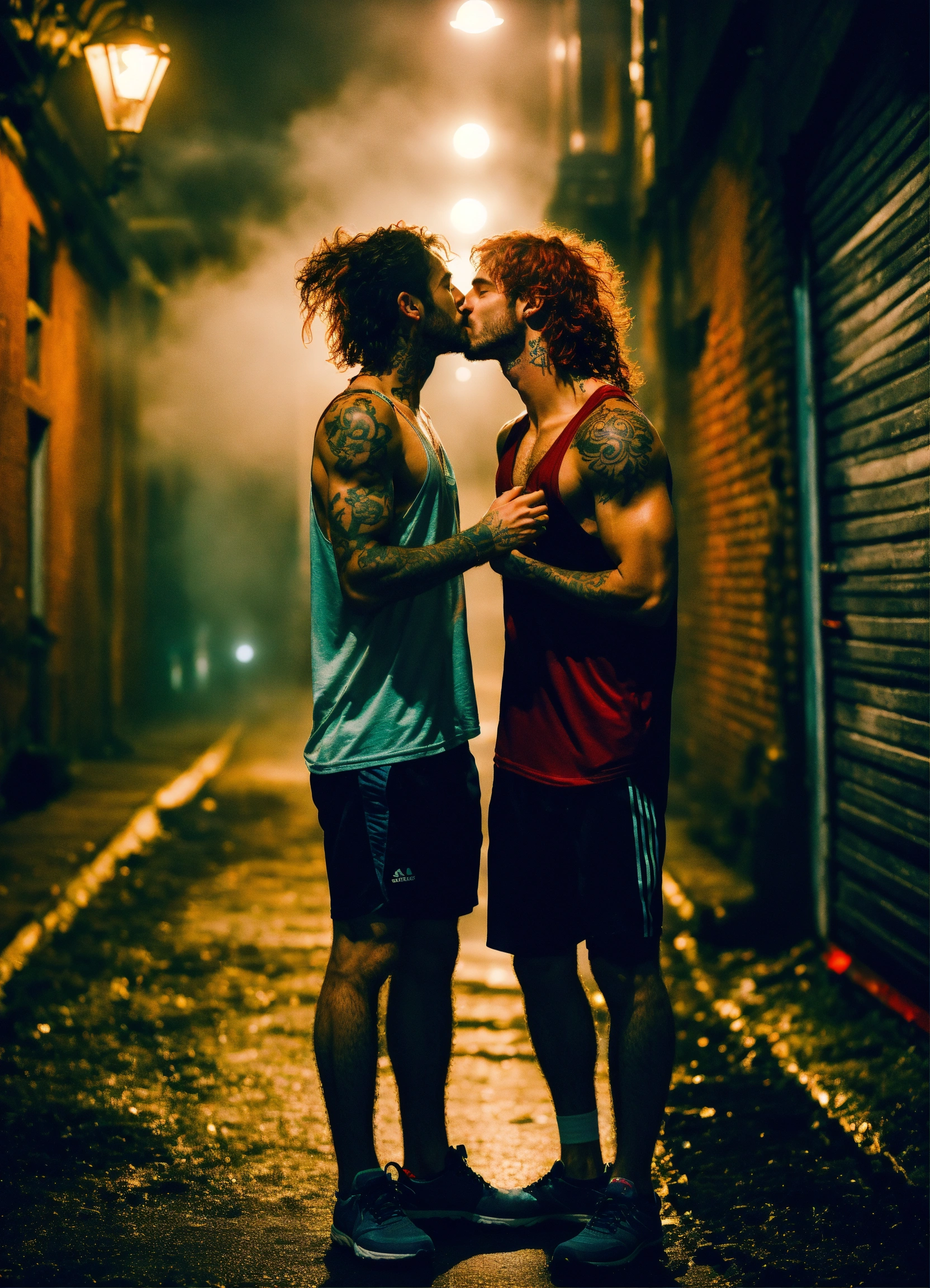 Lexica - Two male long distance runners are kissing in a dark alley ...