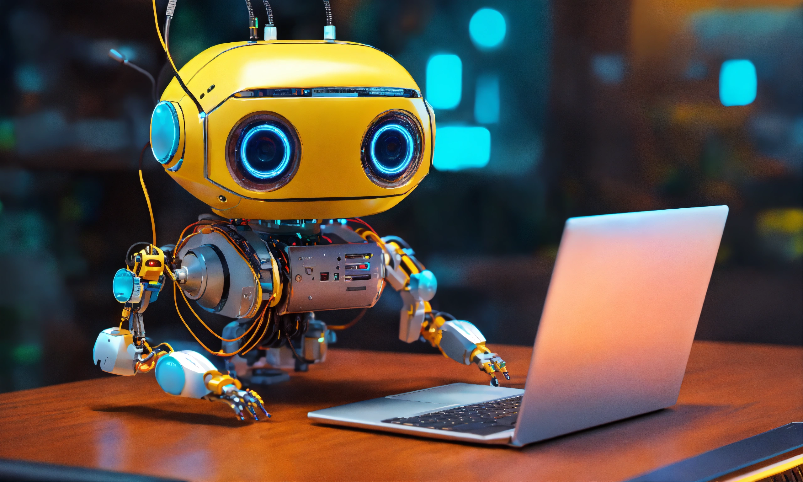 Lexica - Cute robot creature typing on a laptop, 4 cables connected to ...