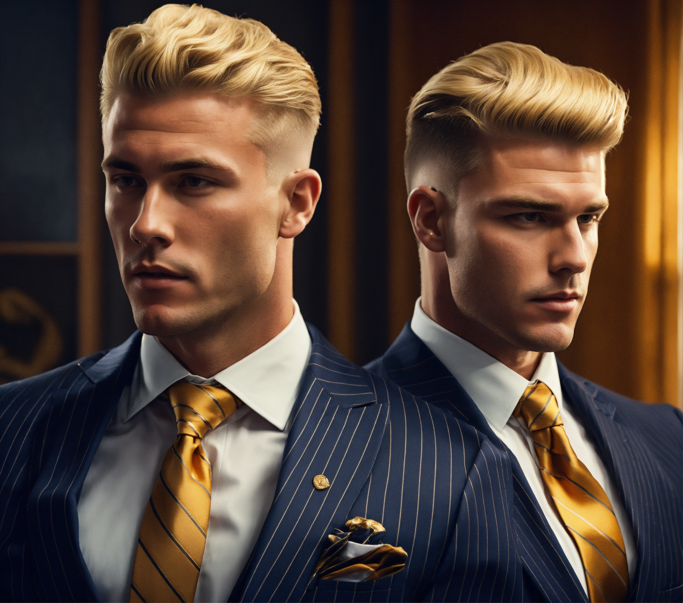 Lexica - Two blonde muscular male CEOs, navy pinstripe vested suit ...