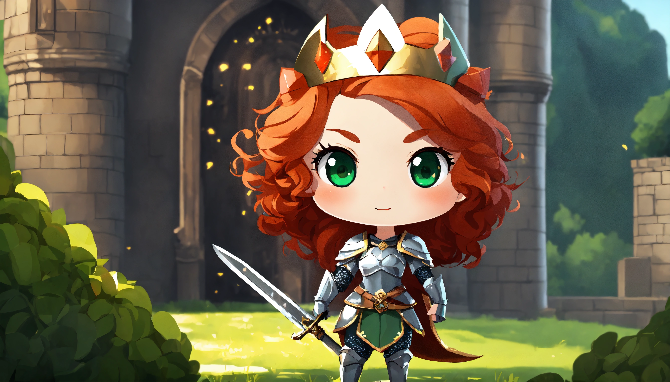 Lexica - Cute chibi redhead, dark Green eyes, woman With a crown, sword ...