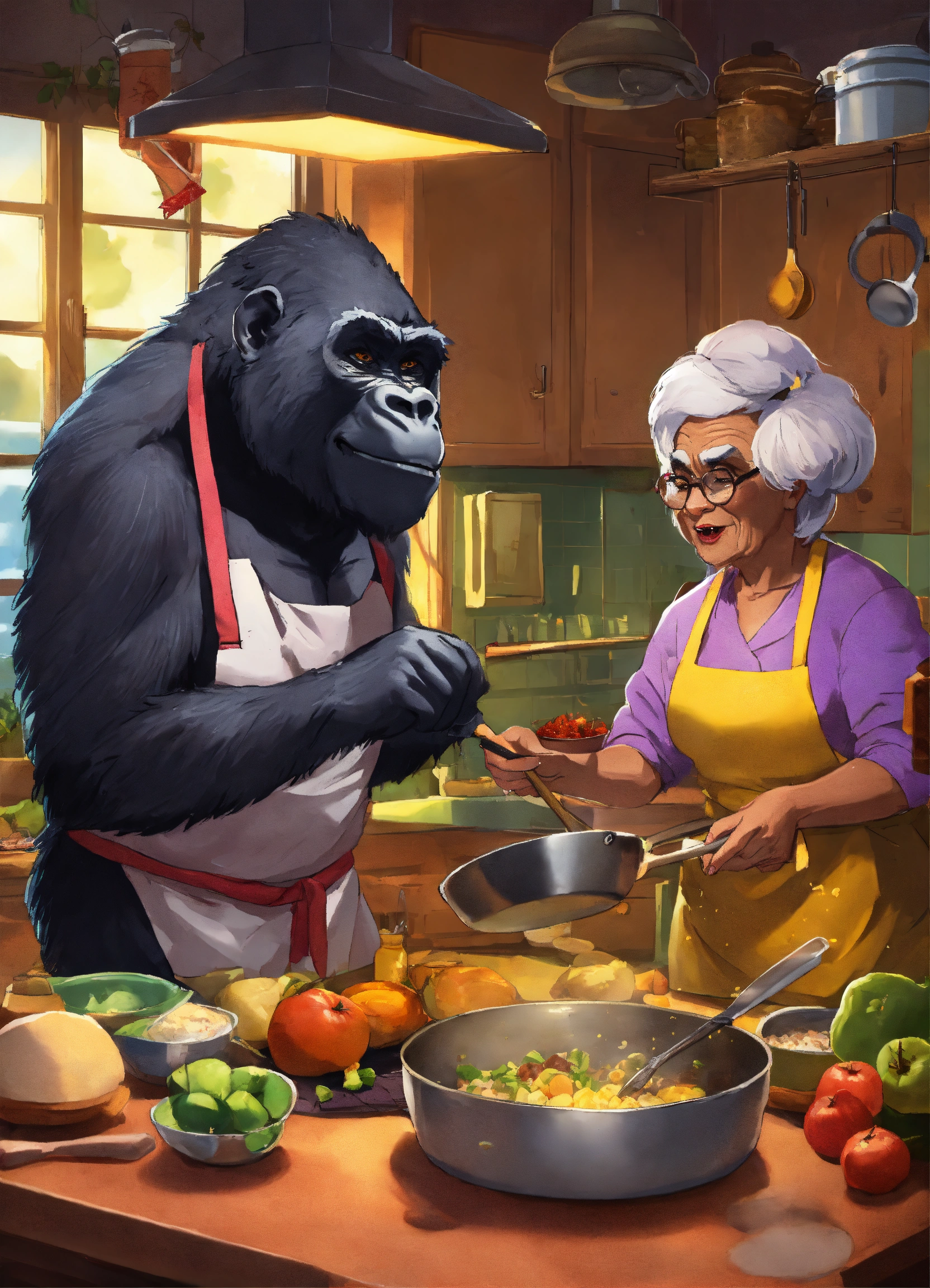 Lexica - Old lady gorilla and old lady werewolf cooking in a kitchen