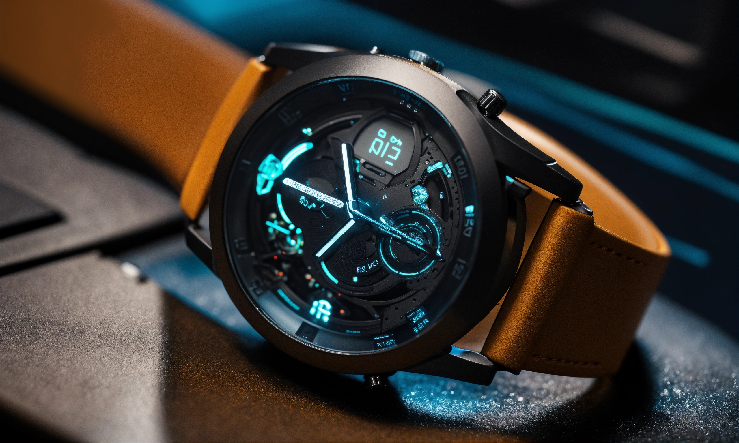 Lexica - Close up shot of a futuristic black AI watch adorning a tanned ...
