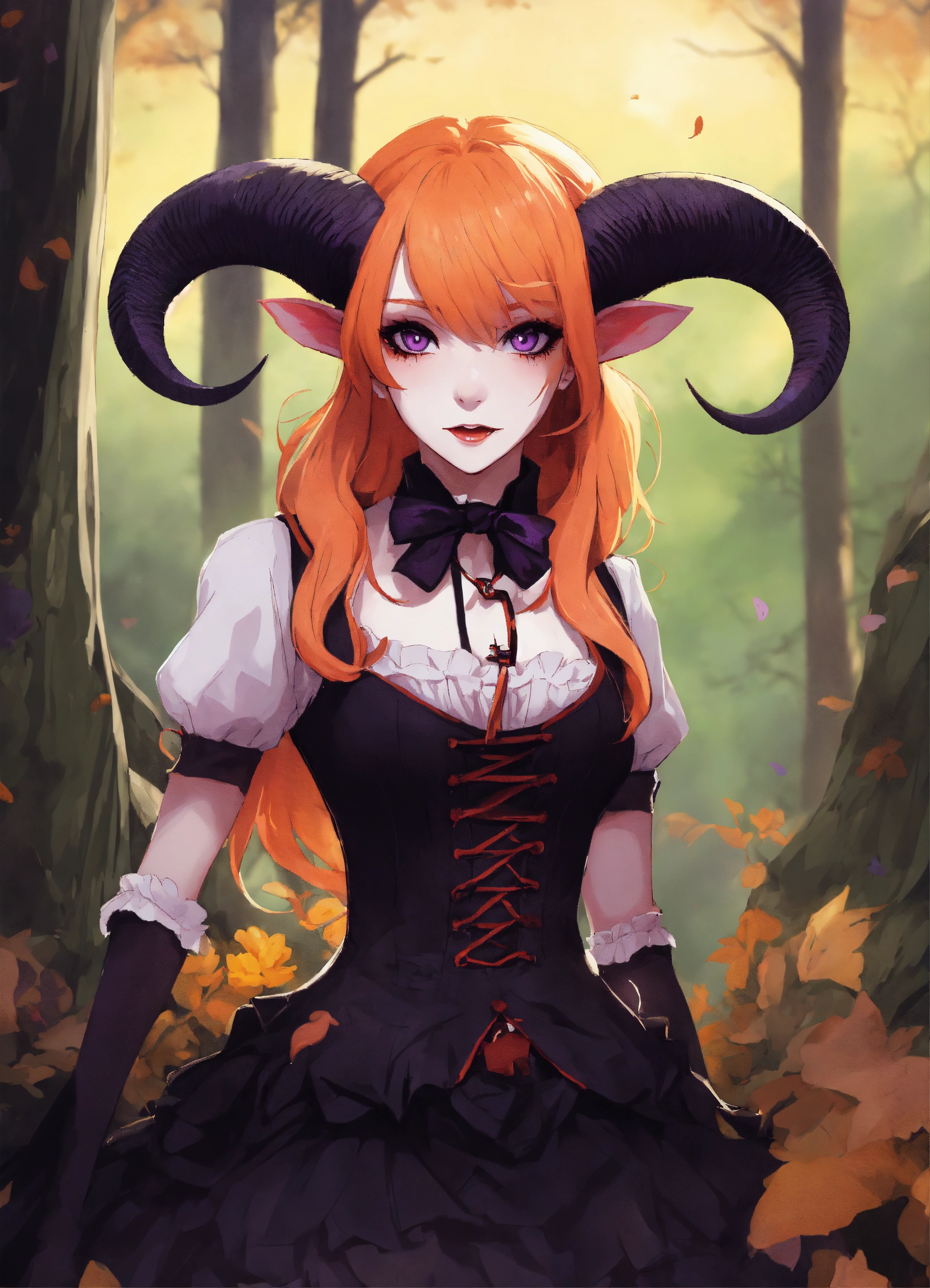 Lexica - 2d vampire girl, pastel orange hair, violet eyes, black ram ...