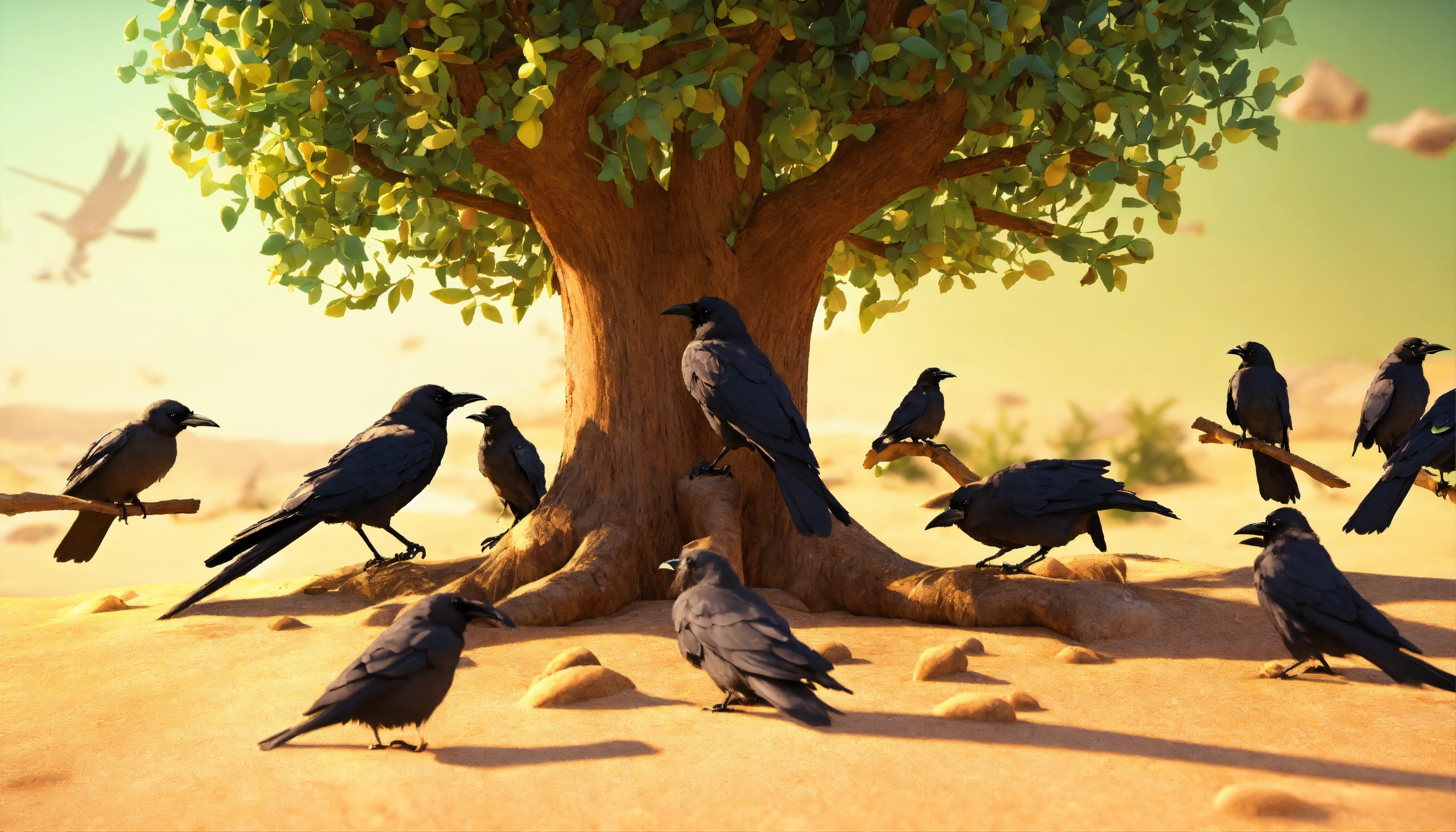 Lexica - Generate an image in which a flock of crow perched on a tree ...