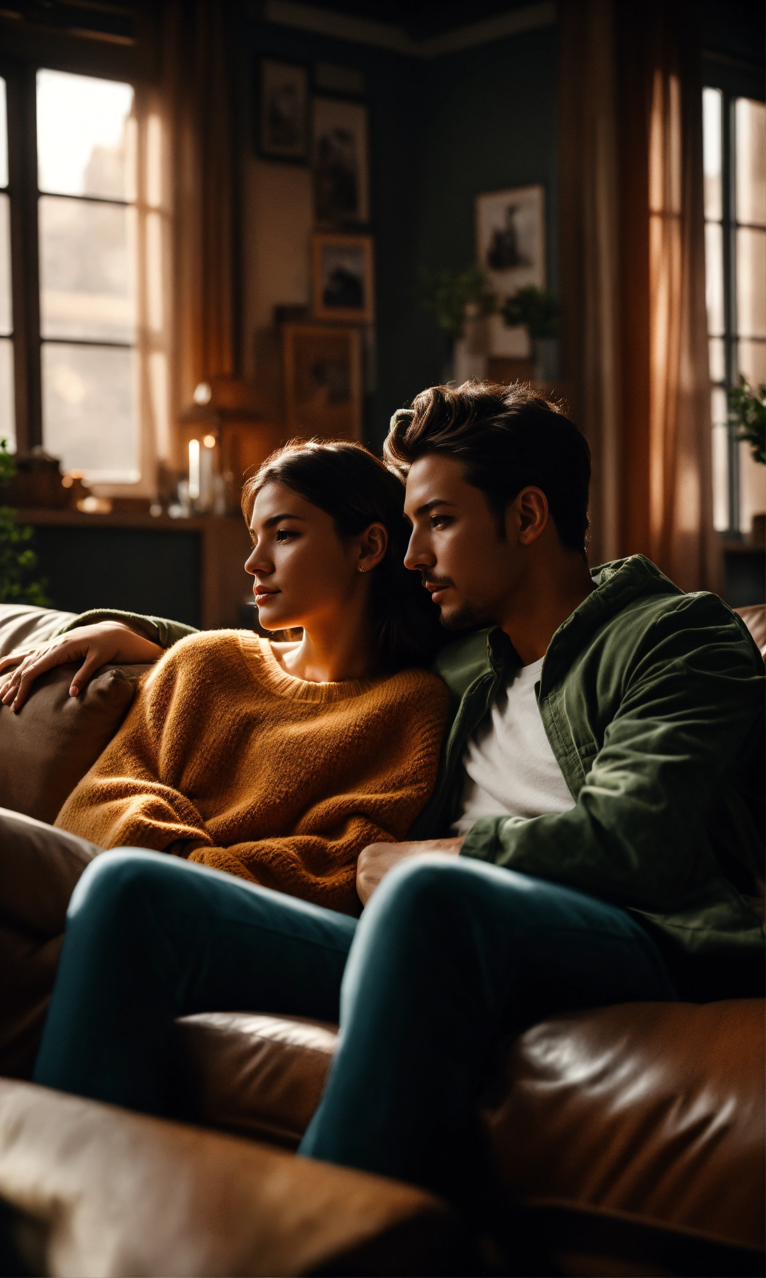 Lexica - Cinematic photo couple cozy on the couch together, realistic ...