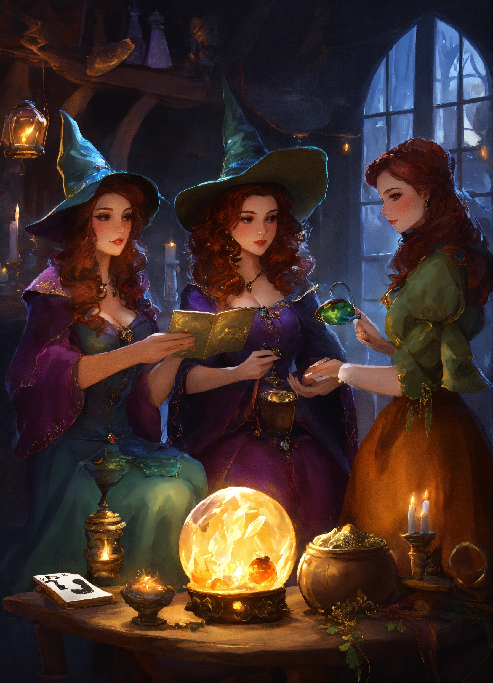 Lexica - 3 enchanted witches. One stirring a cauldron. One reading ...