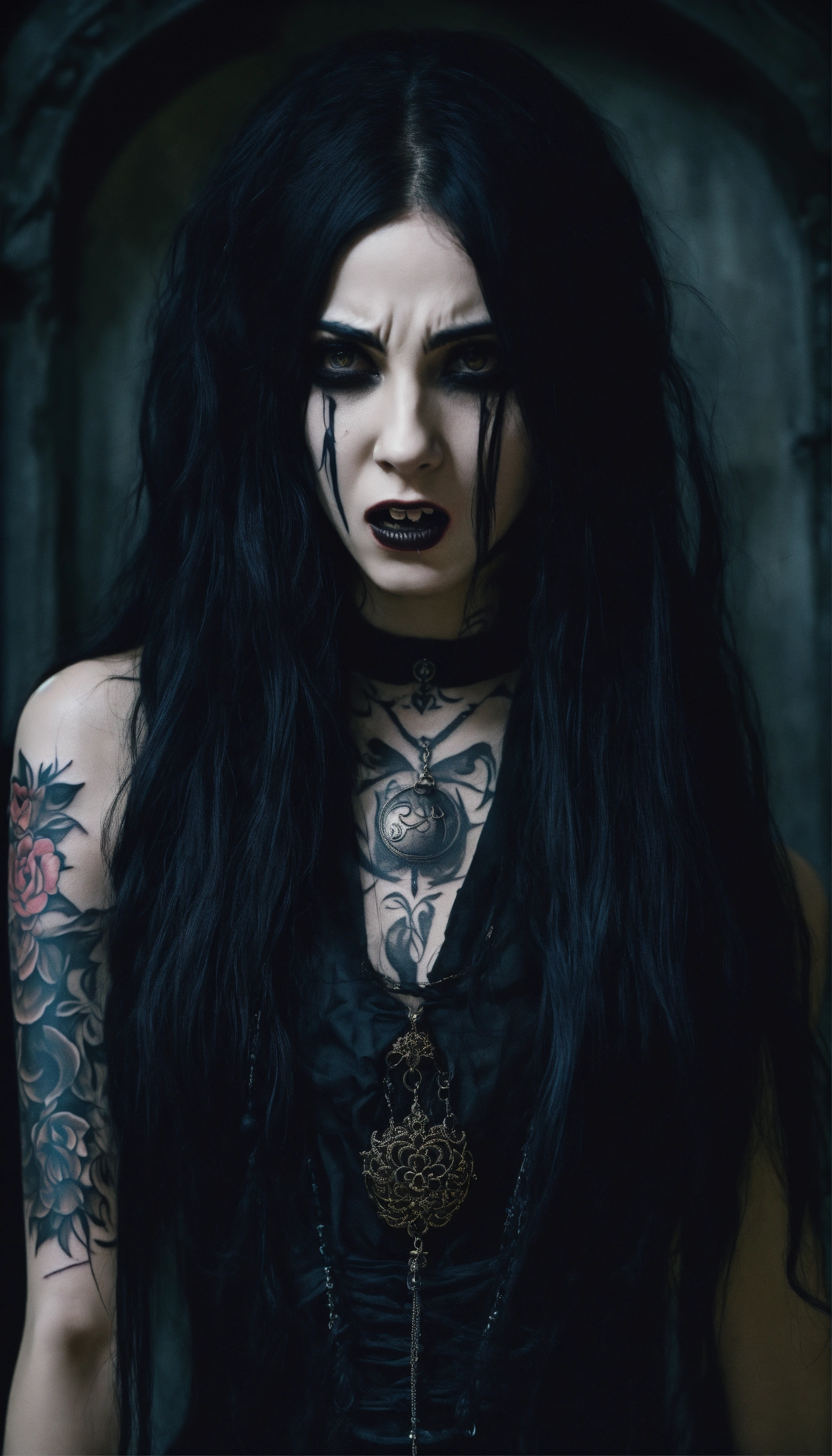 Lexica - A scary girl, full body, pale skin, long crazy black hair ...