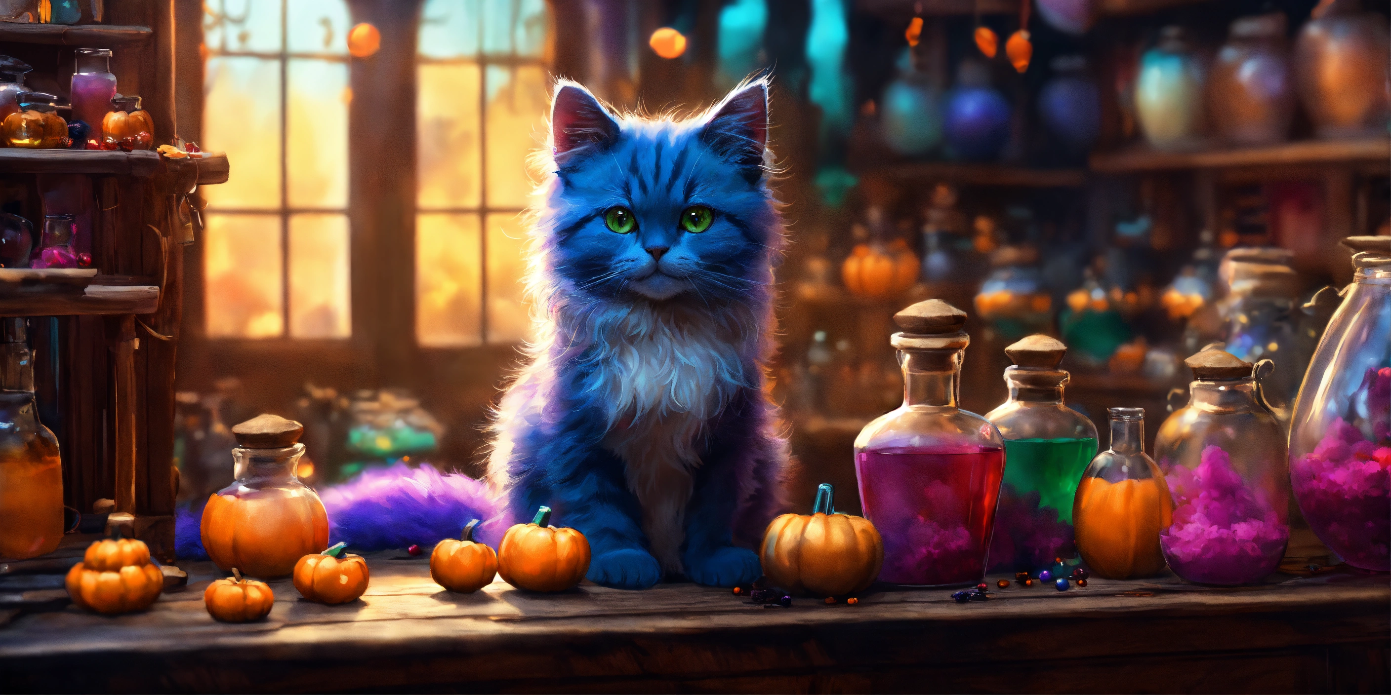 Lexica - Fluffy cute cat in a potions and potions shop on Halloween ...