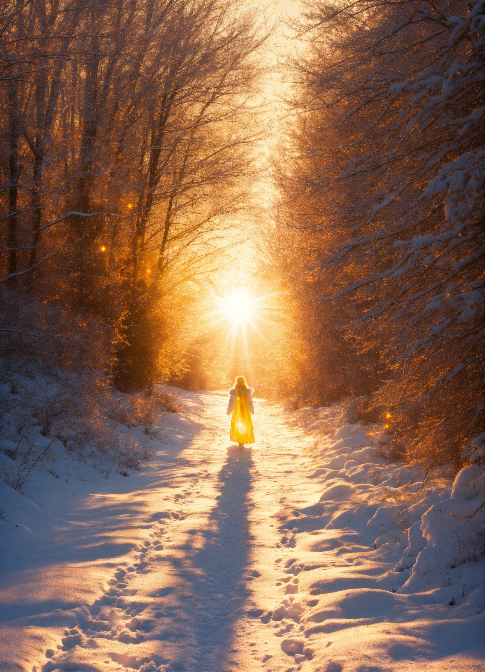 Lexica - An lightfull angel goes in the sun towards the sun on a path into the future in winter ...