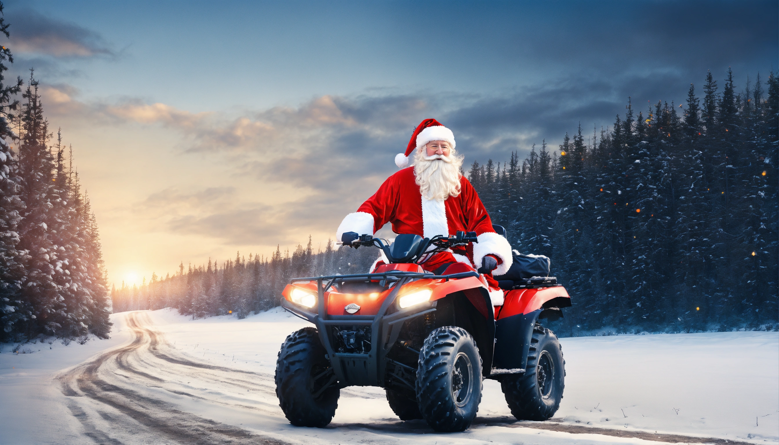 Lexica - Santa Claus with big sack bag rides along a snowy road on an ...