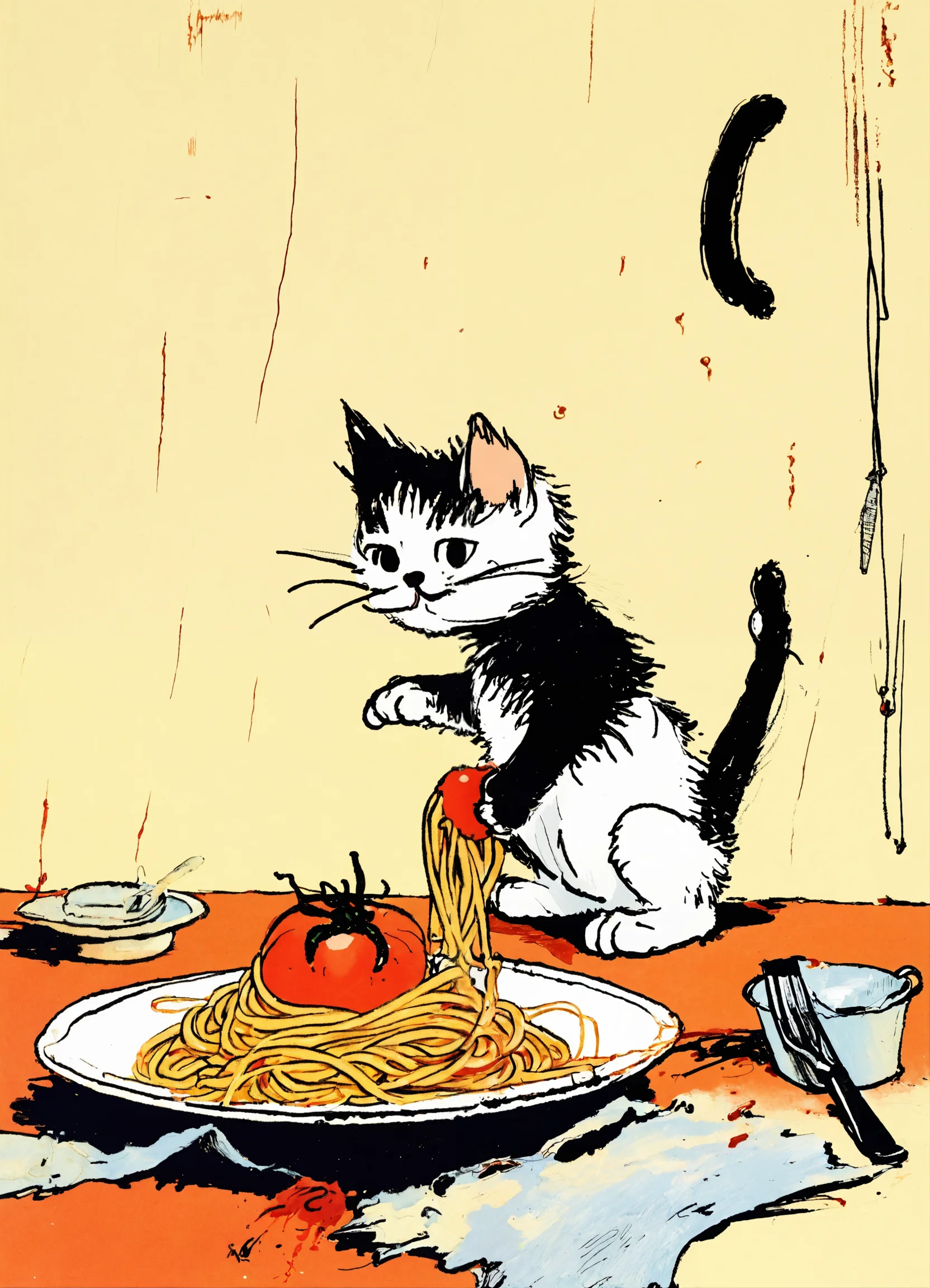 Lexica - A cute cat eating messy spaghetti with tomato sauce ...