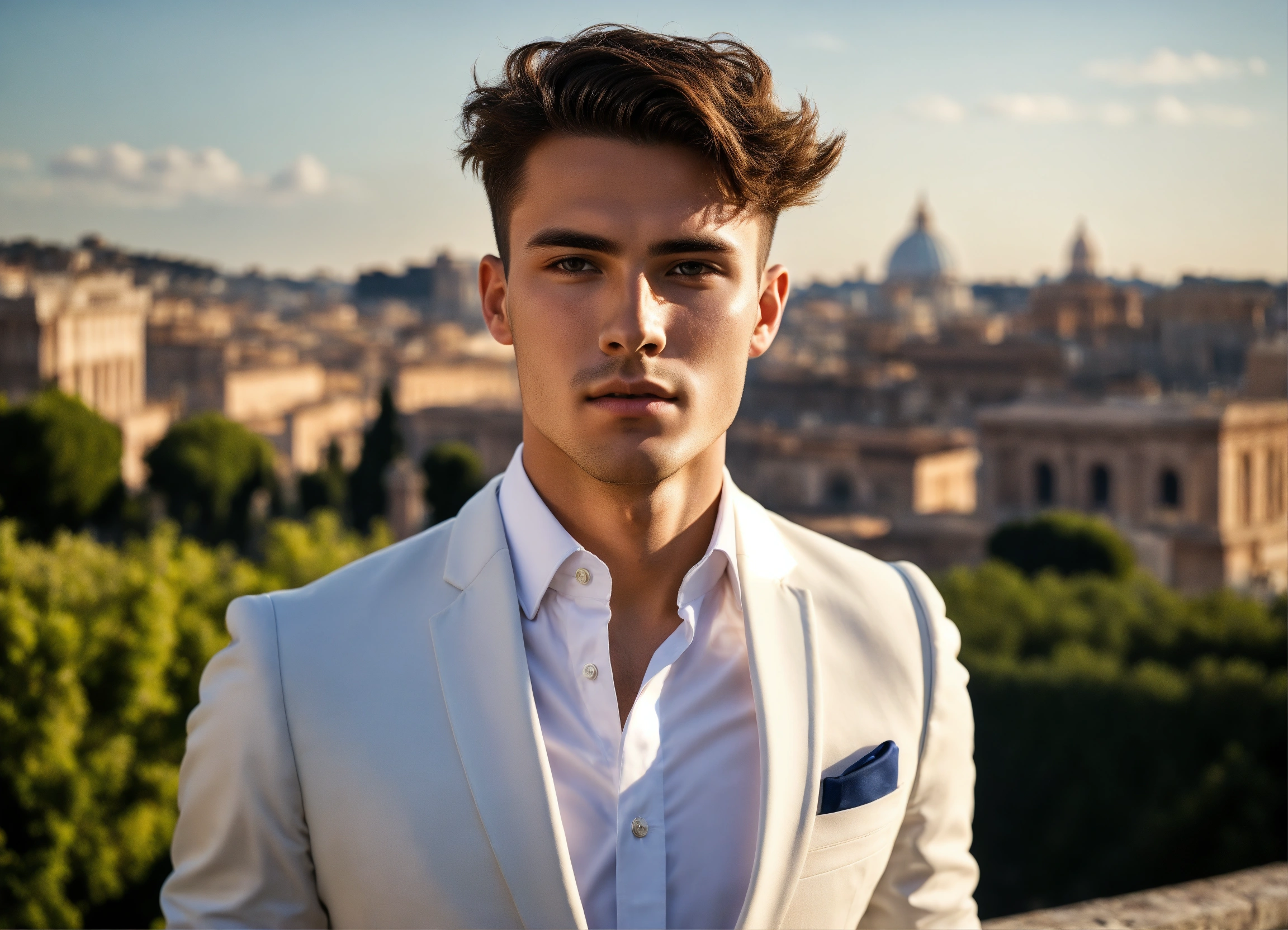 Lexica - Photo of one young male model in whiteclothes looking to the ...