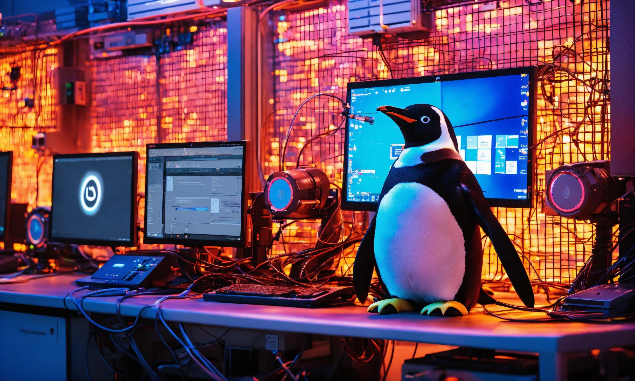 Lexica - A penguin dressed up as a minotaur. Standing in a computer lab ...