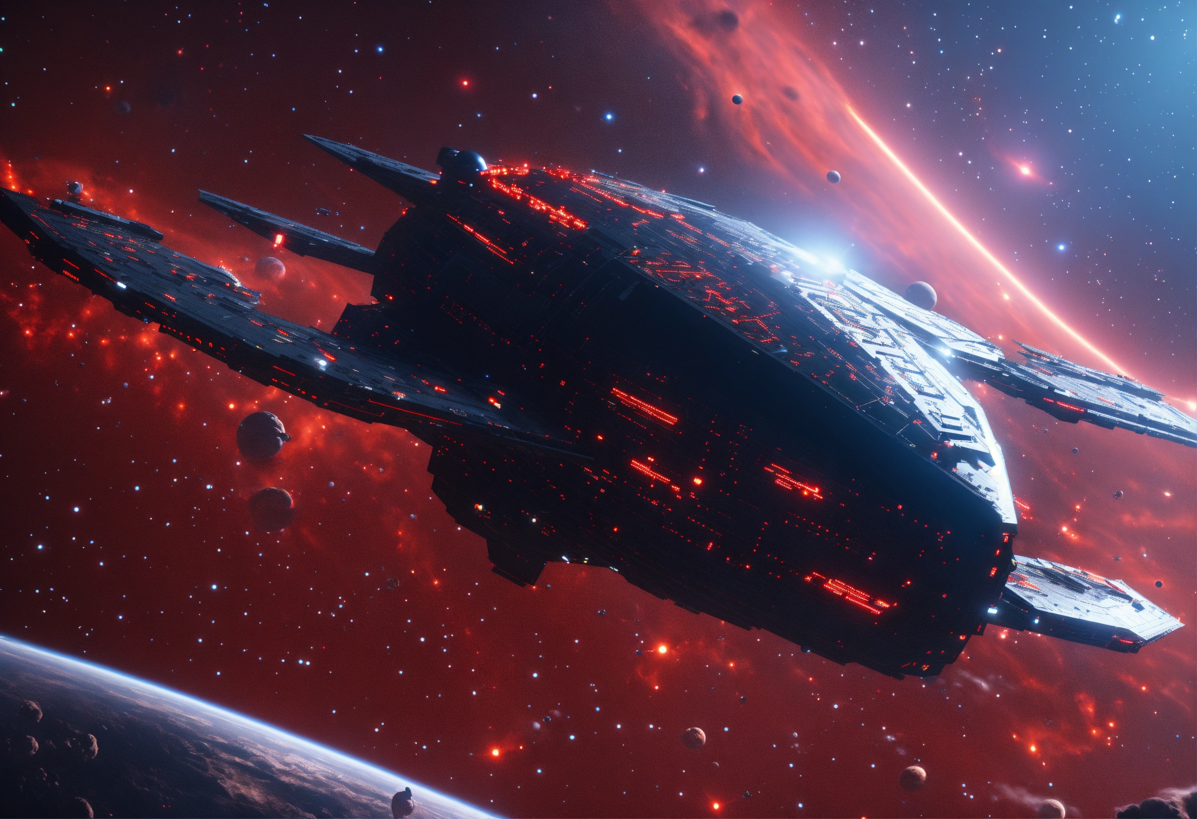 Lexica - Zoom out on fleet of long black organic insect like space ...