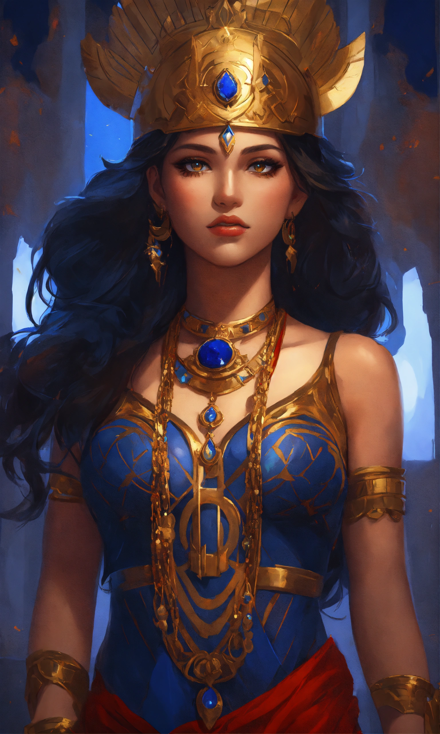 Lexica - Portrait of goddess inanna in a red, blue and gold dress, olive skin, stunning ...