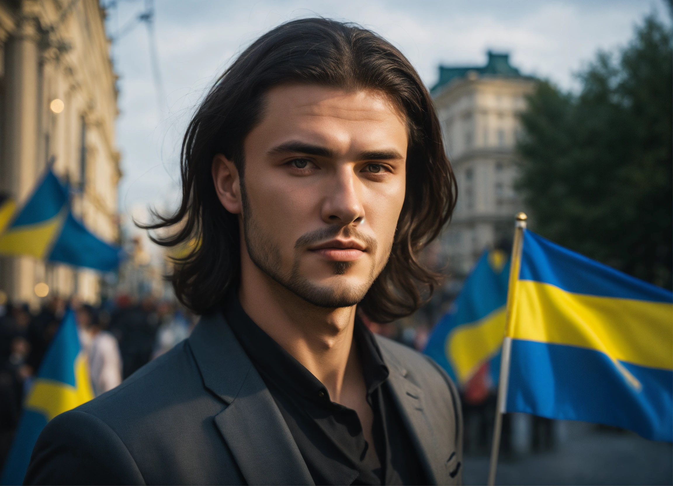 Lexica - High-tech noir beautiful man with Ukraine, on street Kiev ...