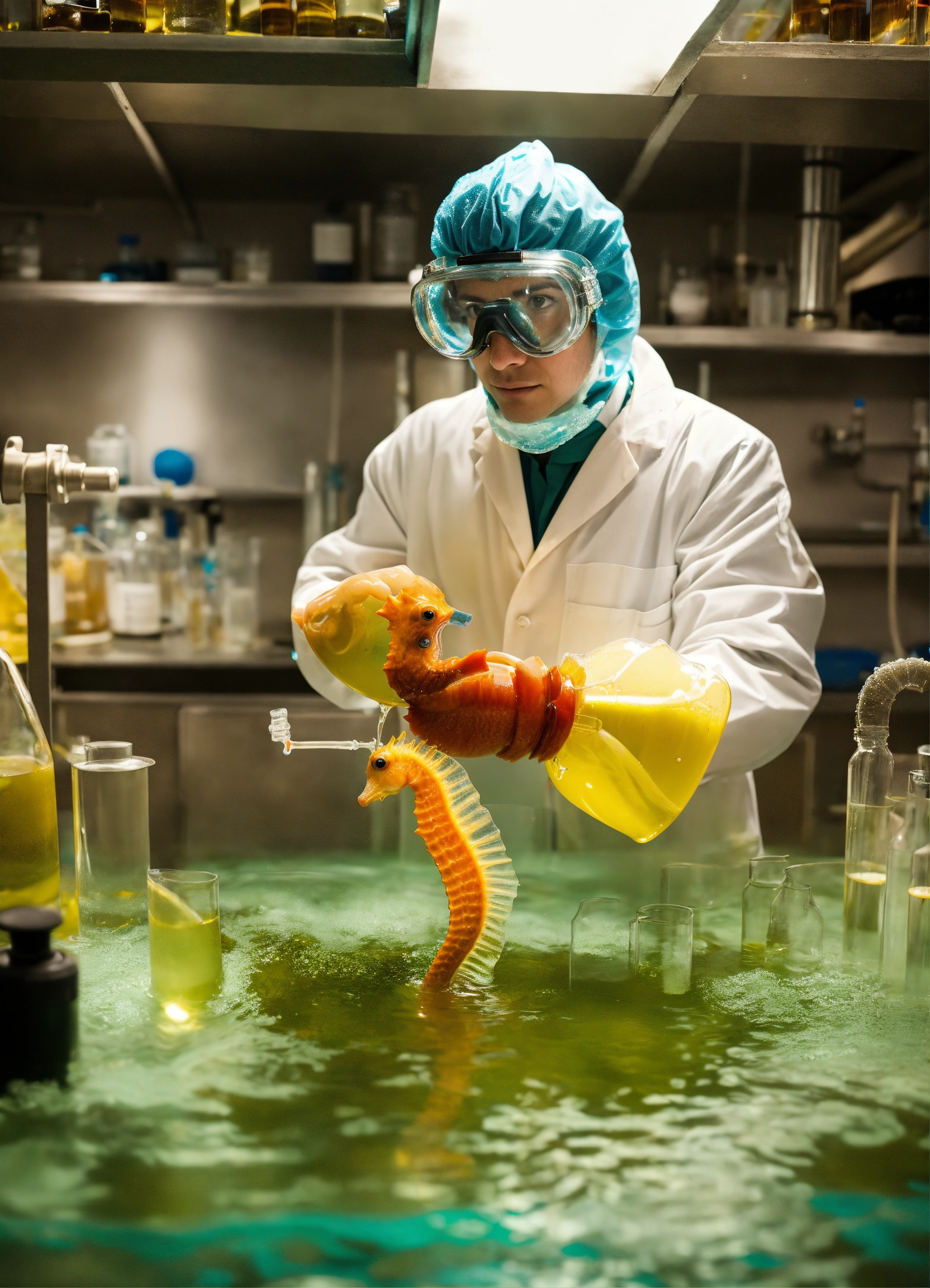 Lexica - A seahorse scientist in an underwater laboratory wearing ...