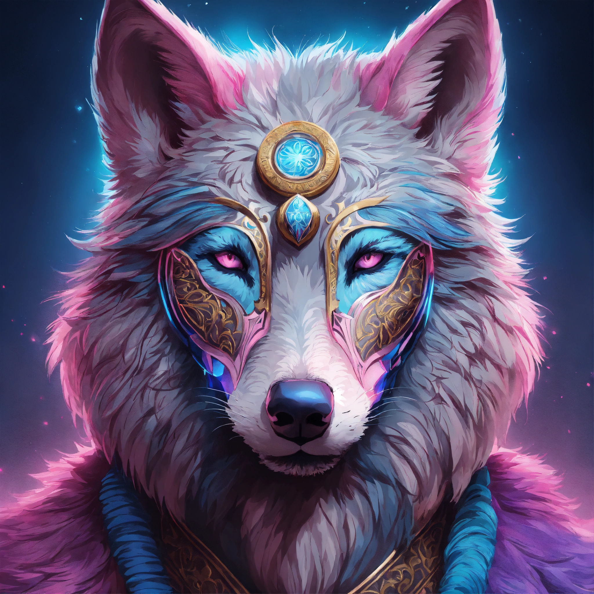 Lexica - Centered detailed portrait of a masked grey, blue and pink ...