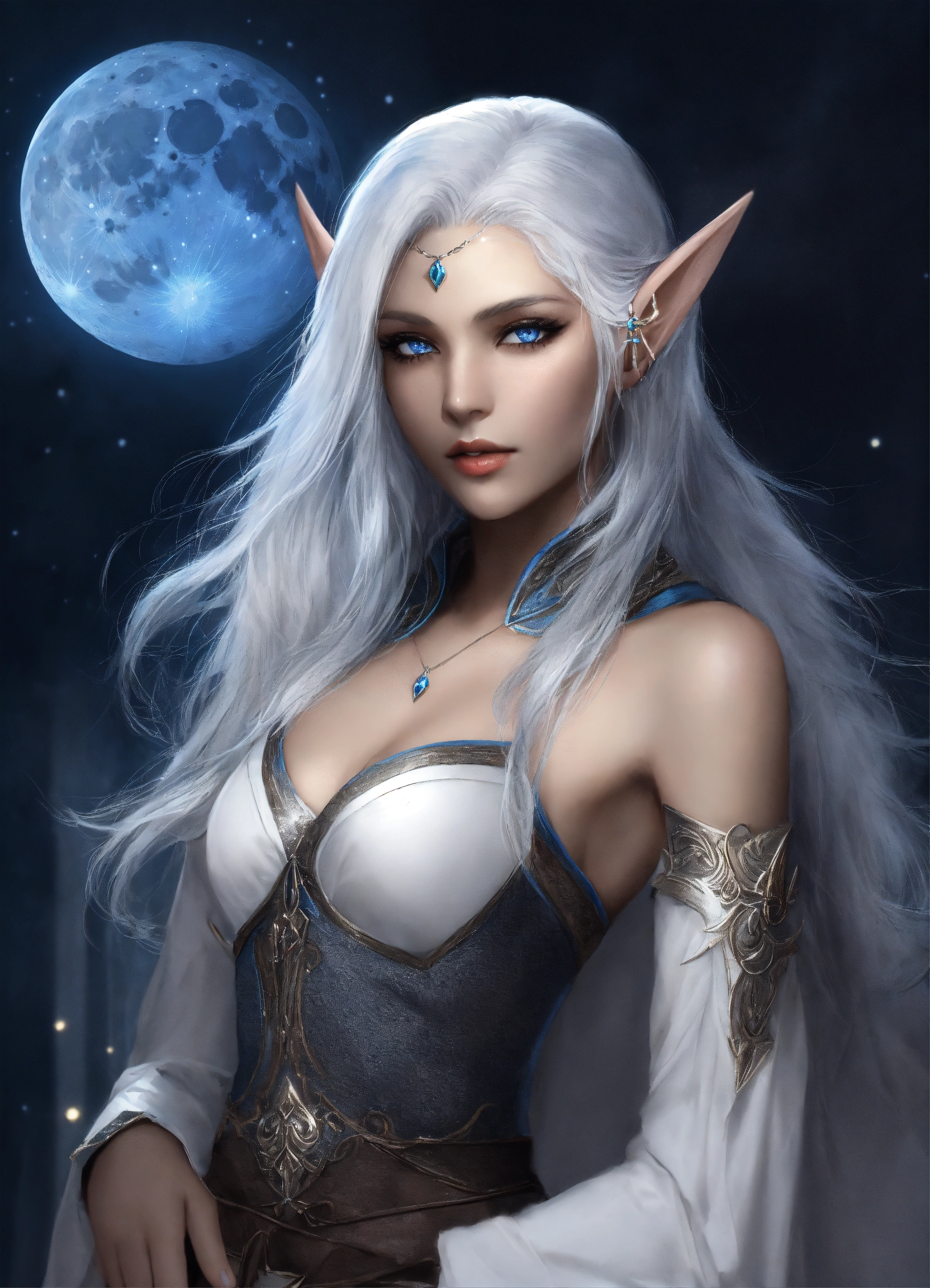 Lexica - A woman, moon, half elf,dark midnight skin, silver white hair, blue eyes