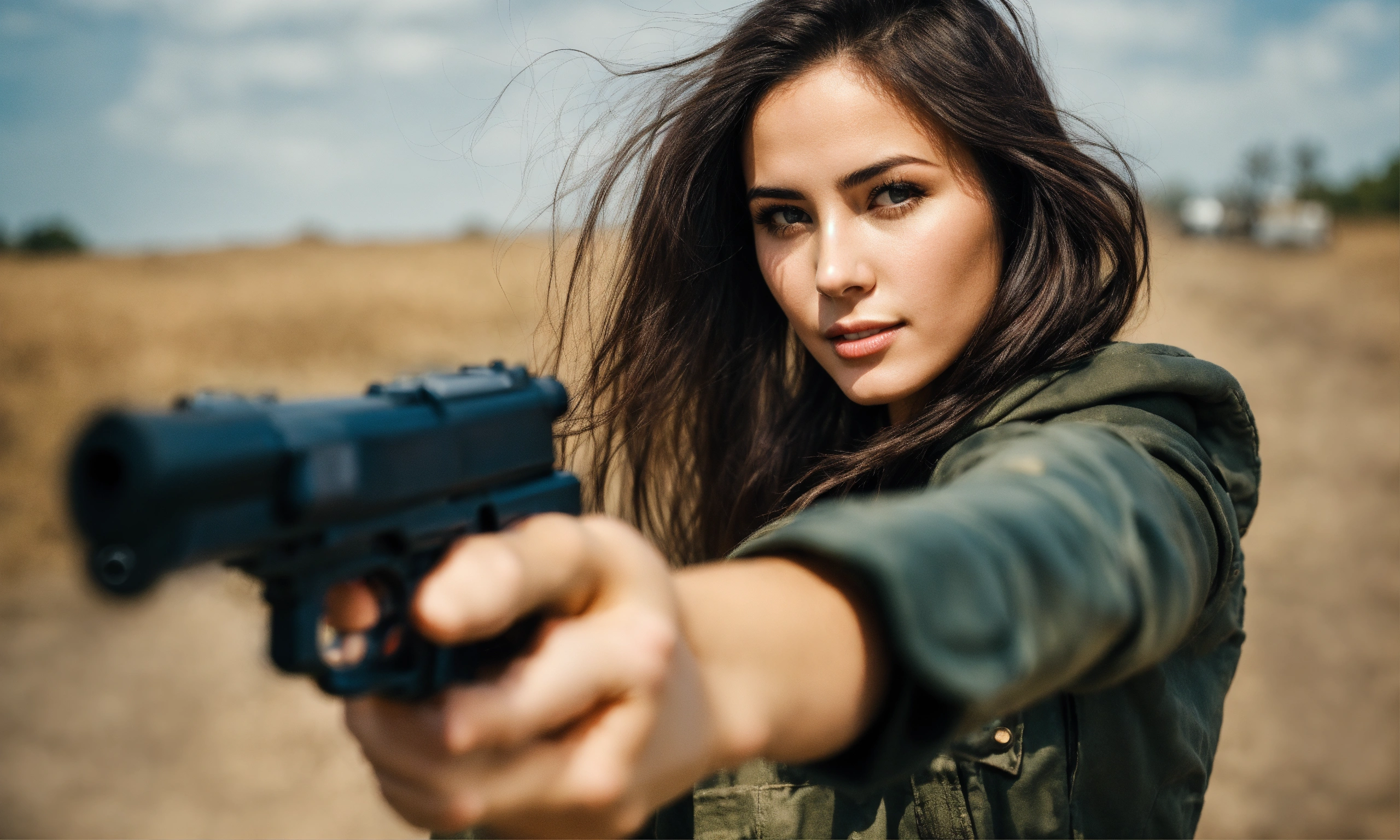 Lexica - Photo of a young and beautiful woman pointing a gun at me