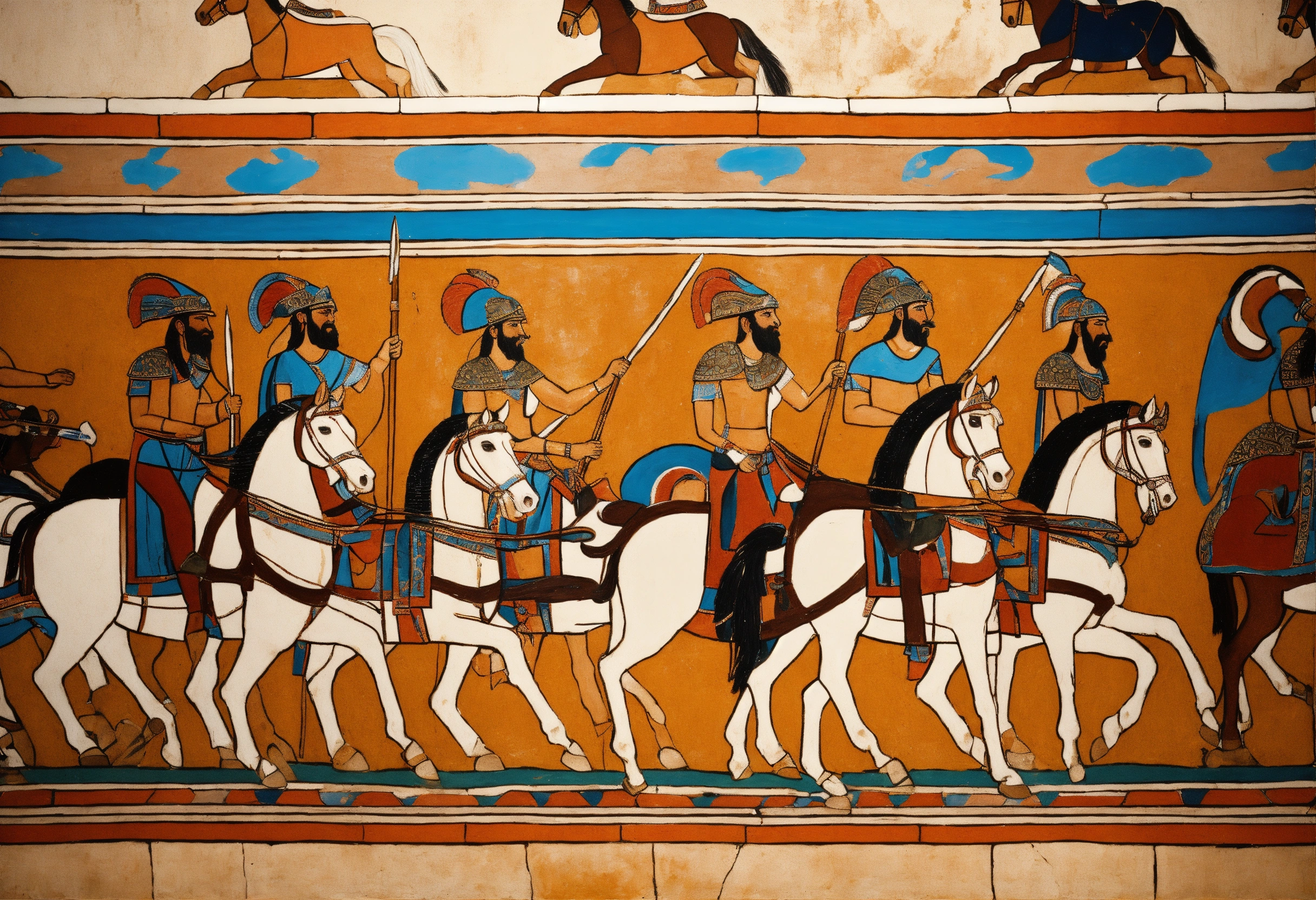 Lexica - Painted Assyrian frieze with warriors and chariots and horses