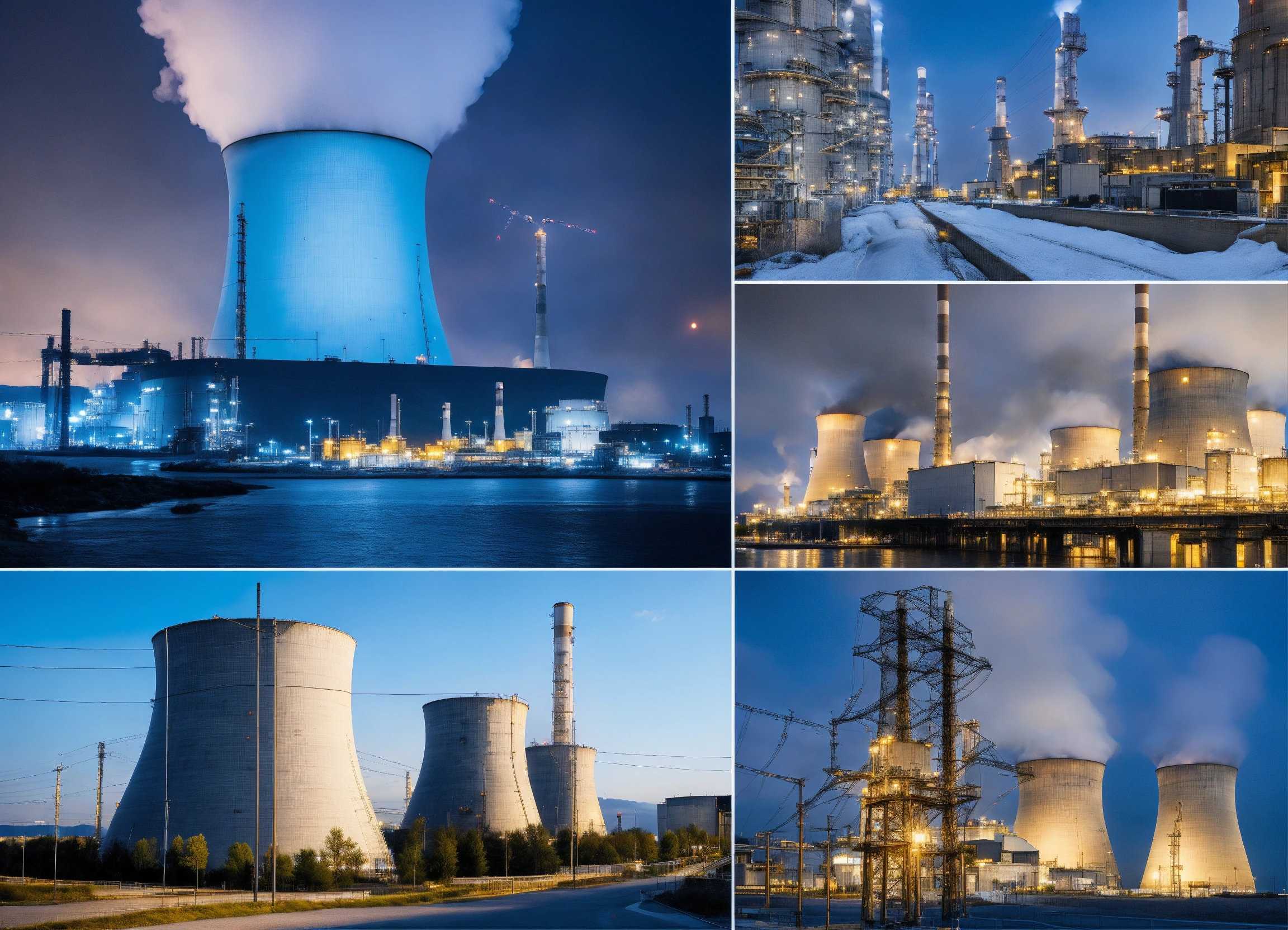 Lexica - Collage of 10 pictures of nuclear power industry. Stations in different cities and ...