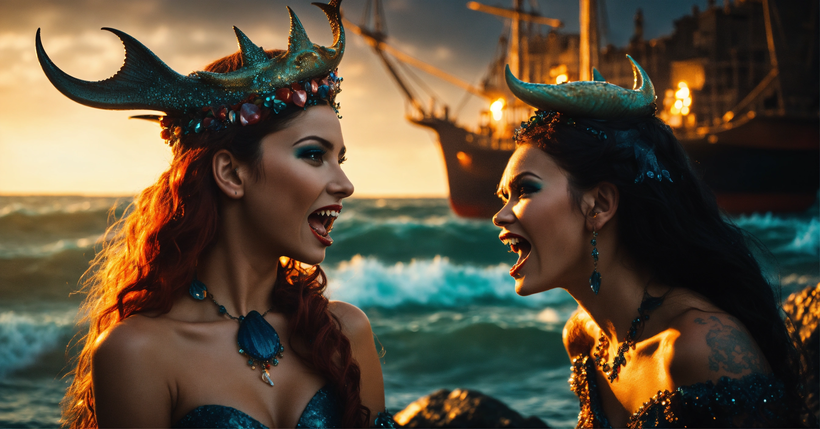 Lexica - Create a 4k detailed photo of two evil mermaids singing at a ...