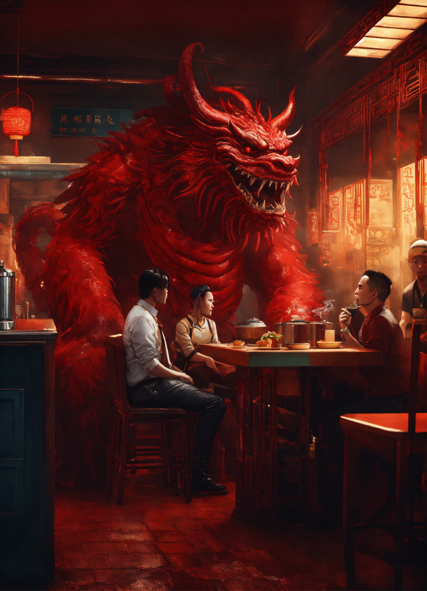 Lexica - A huge red chinese monster is sitting in front of a kitchen ...
