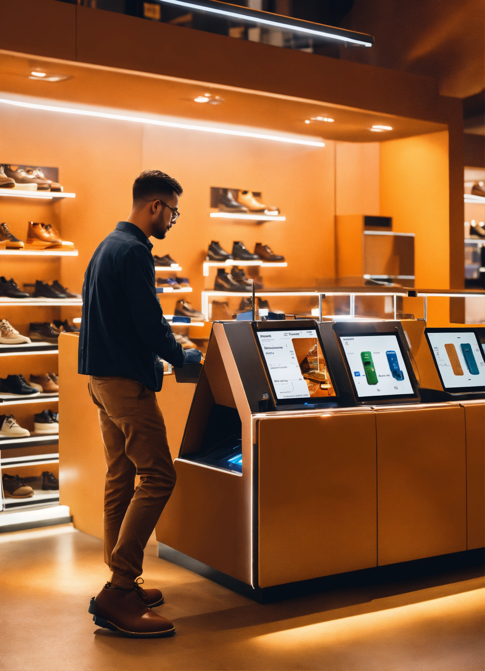 Lexica - Portrait of a man in a cutting-edge shoe shop with automated ...