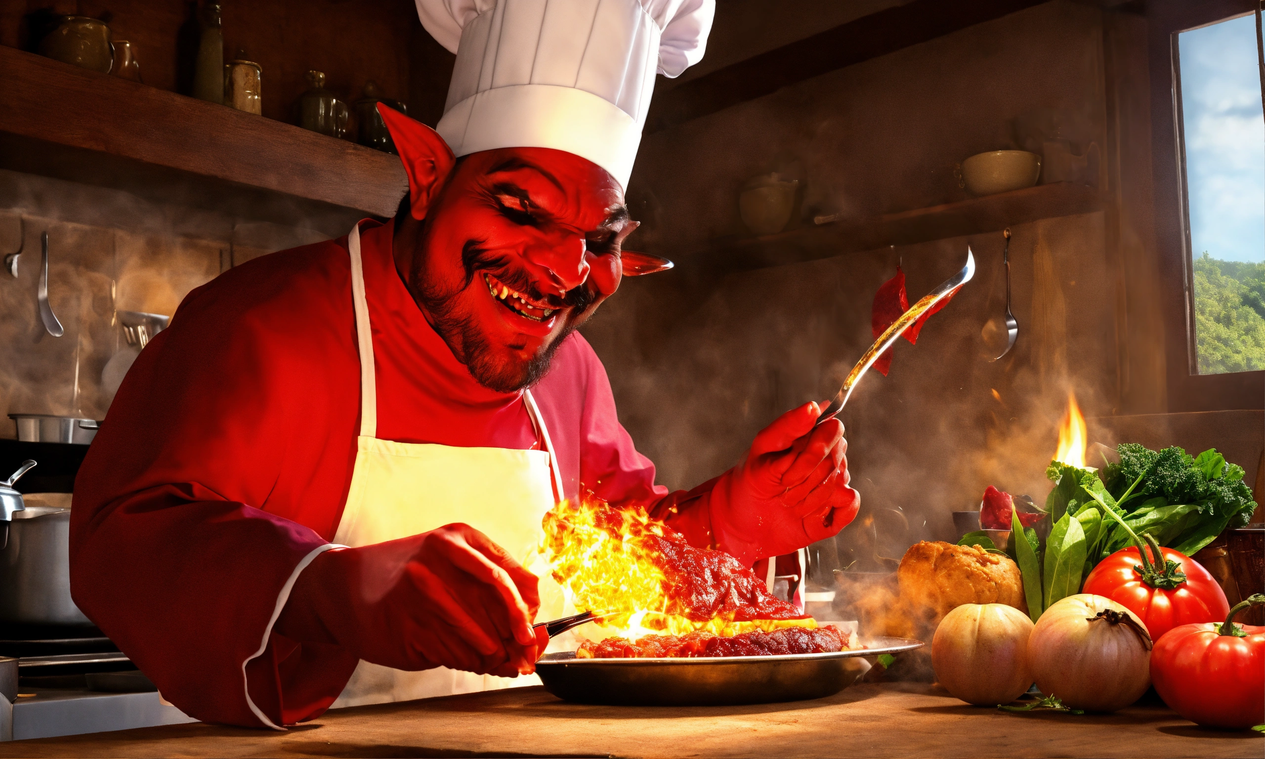 Lexica - Satan disguised as a chef casting his spell on the food