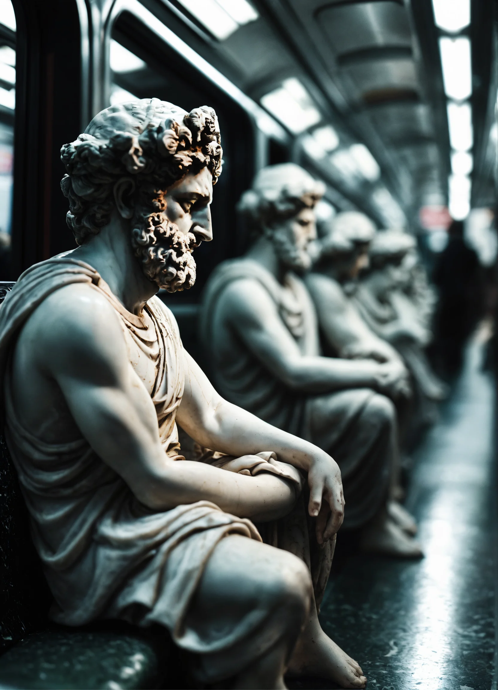 Lexica - Greek marble statues sitting in a very crowded subway train ...