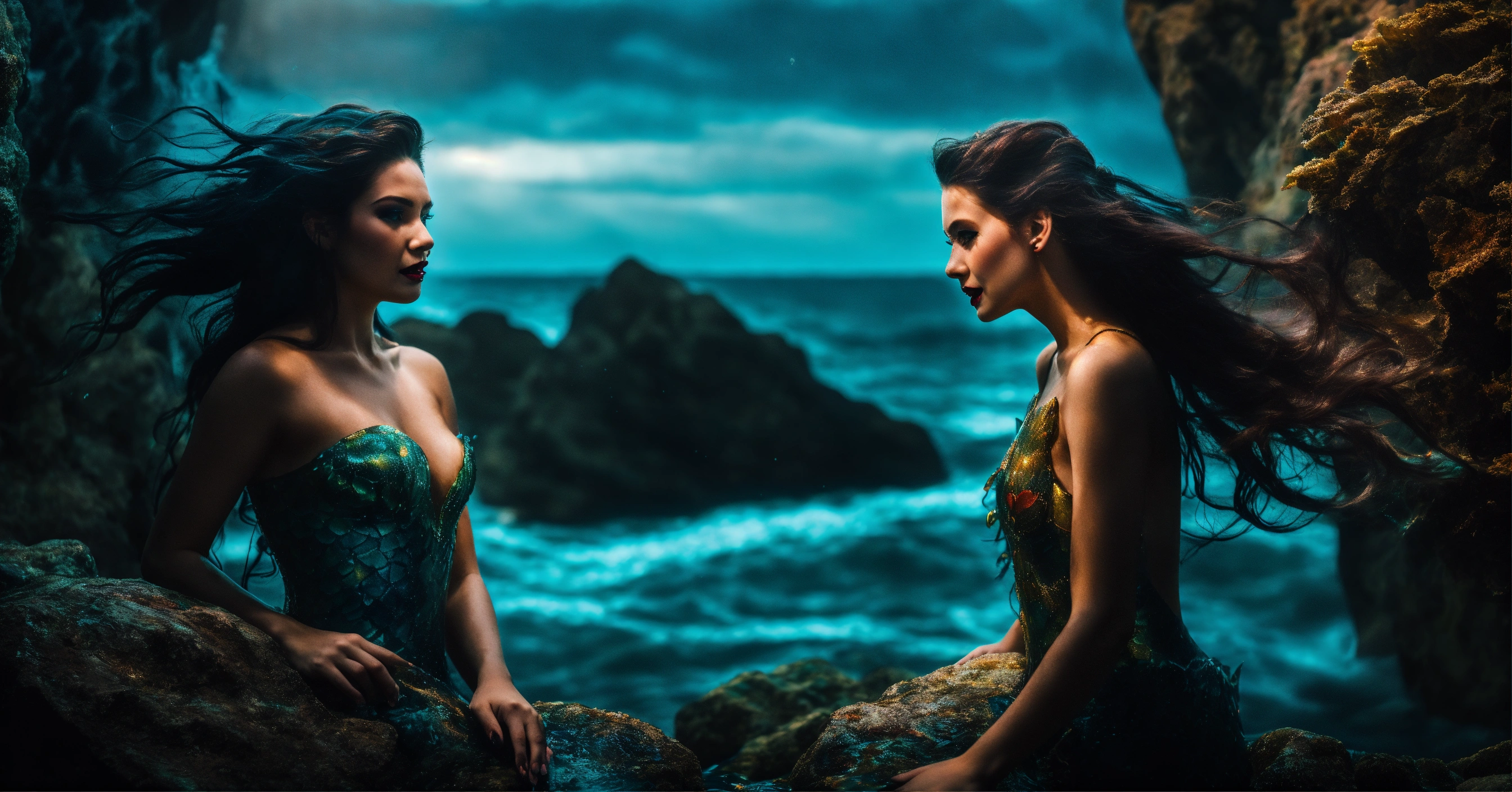 Lexica - Create a 4k detailed photo of two evil (mermaids) staring at each other. dramatic ...