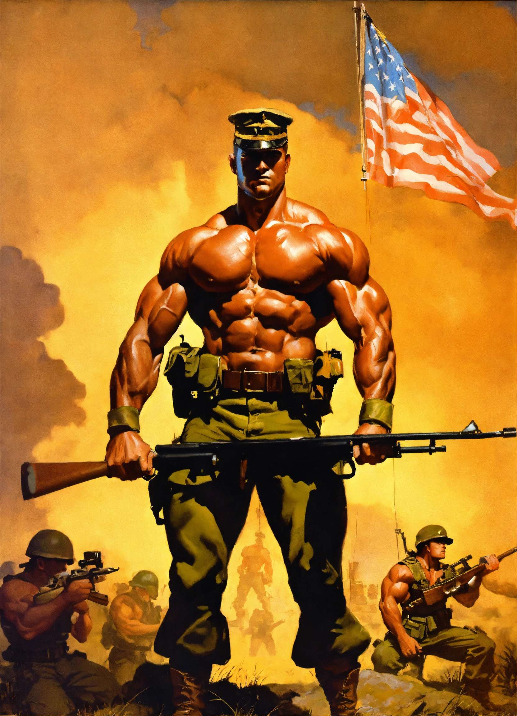 Lexica - Frank frazetta character, bodybuilder, shirtless, Army ...