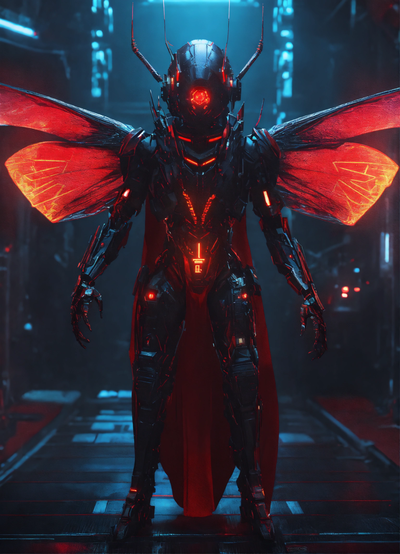 Lexica - Zoom out of black cockroach faced humanoid with red glowing ...