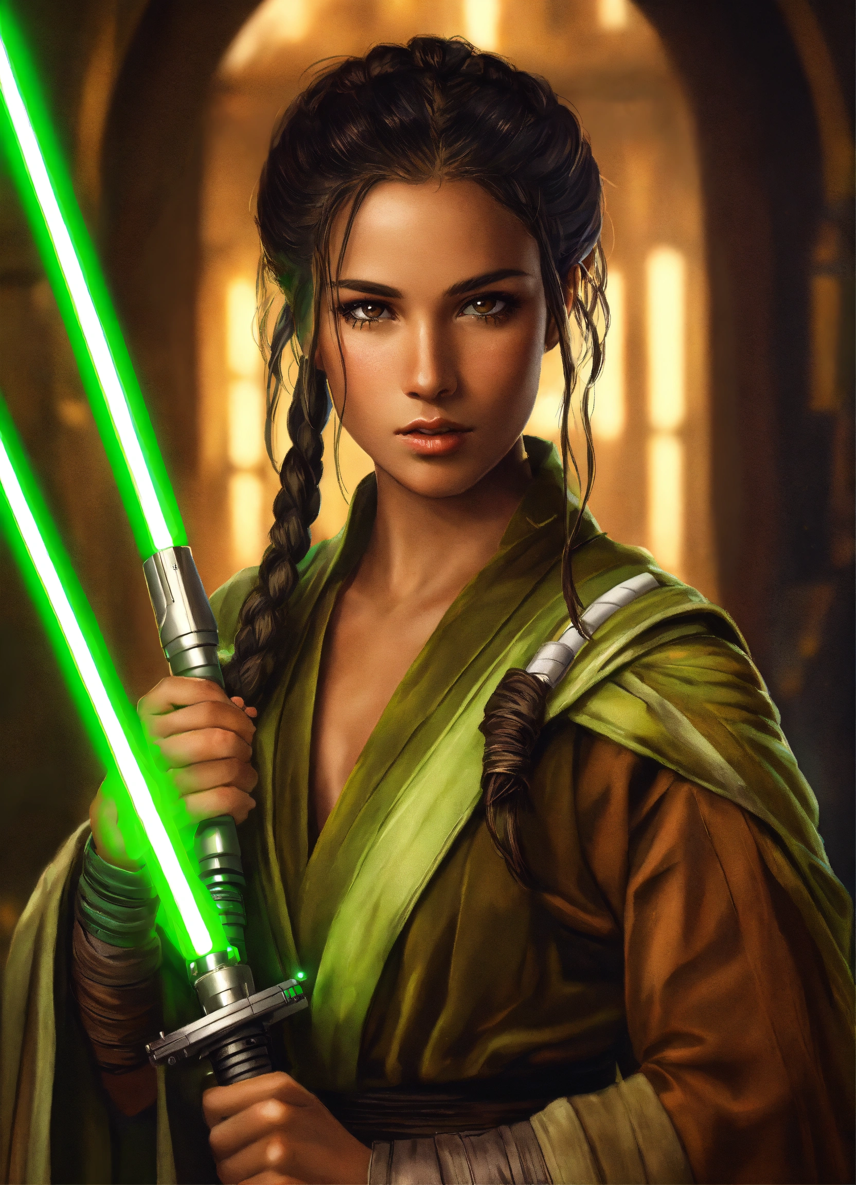 Lexica - Young woman, jedi knight, holding two green lightsabers, olive ...