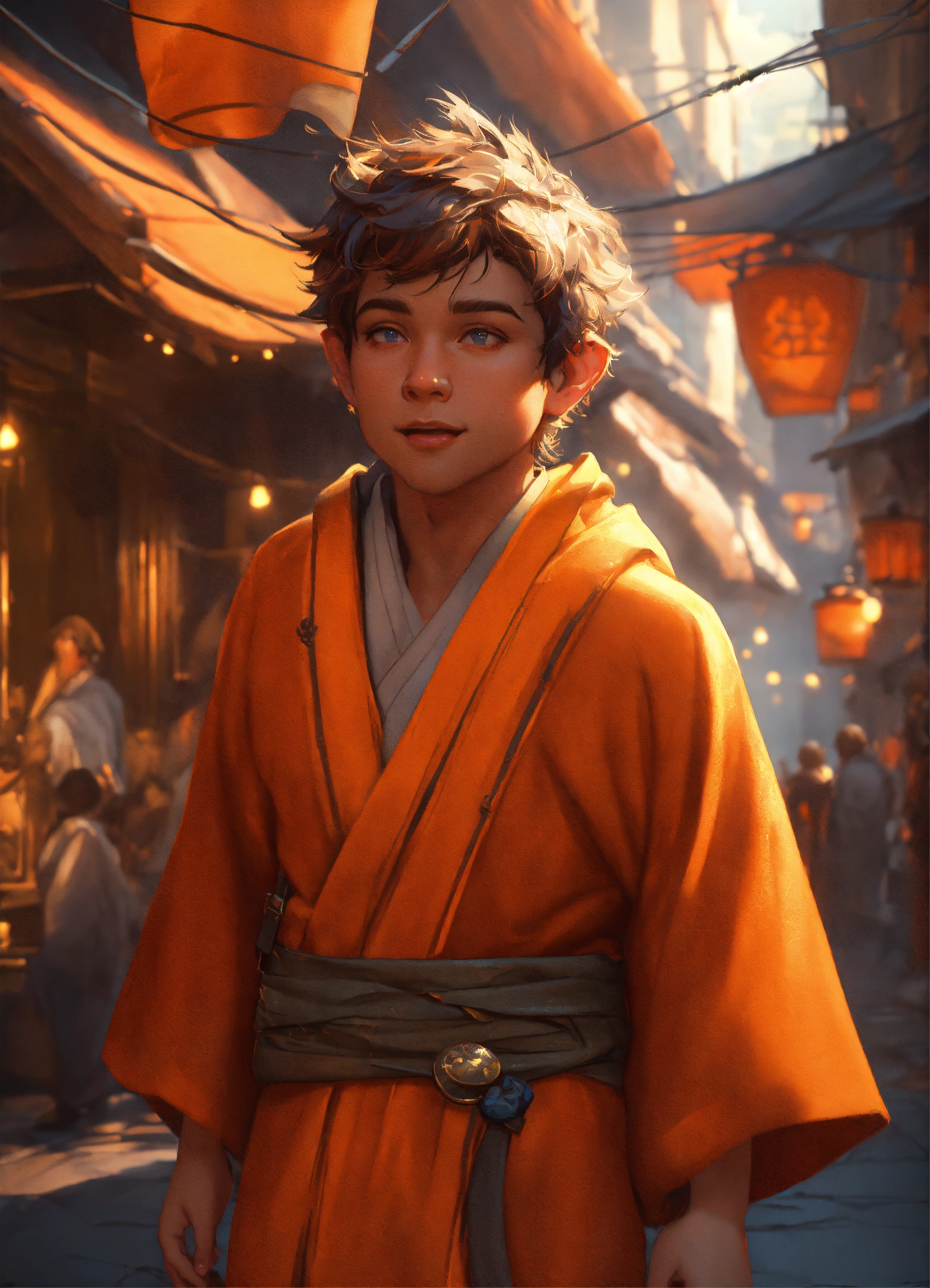 Lexica - Detailed male halfling with silly expression wearing a orange ...