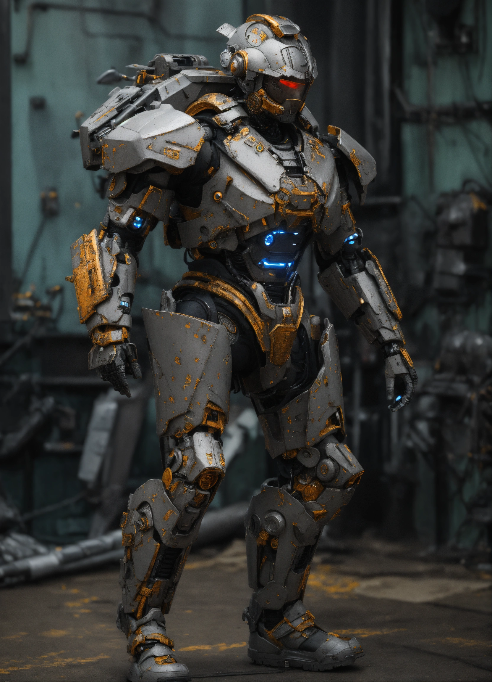 Lexica - Heavily augmented cyborg with weathered gray armor.