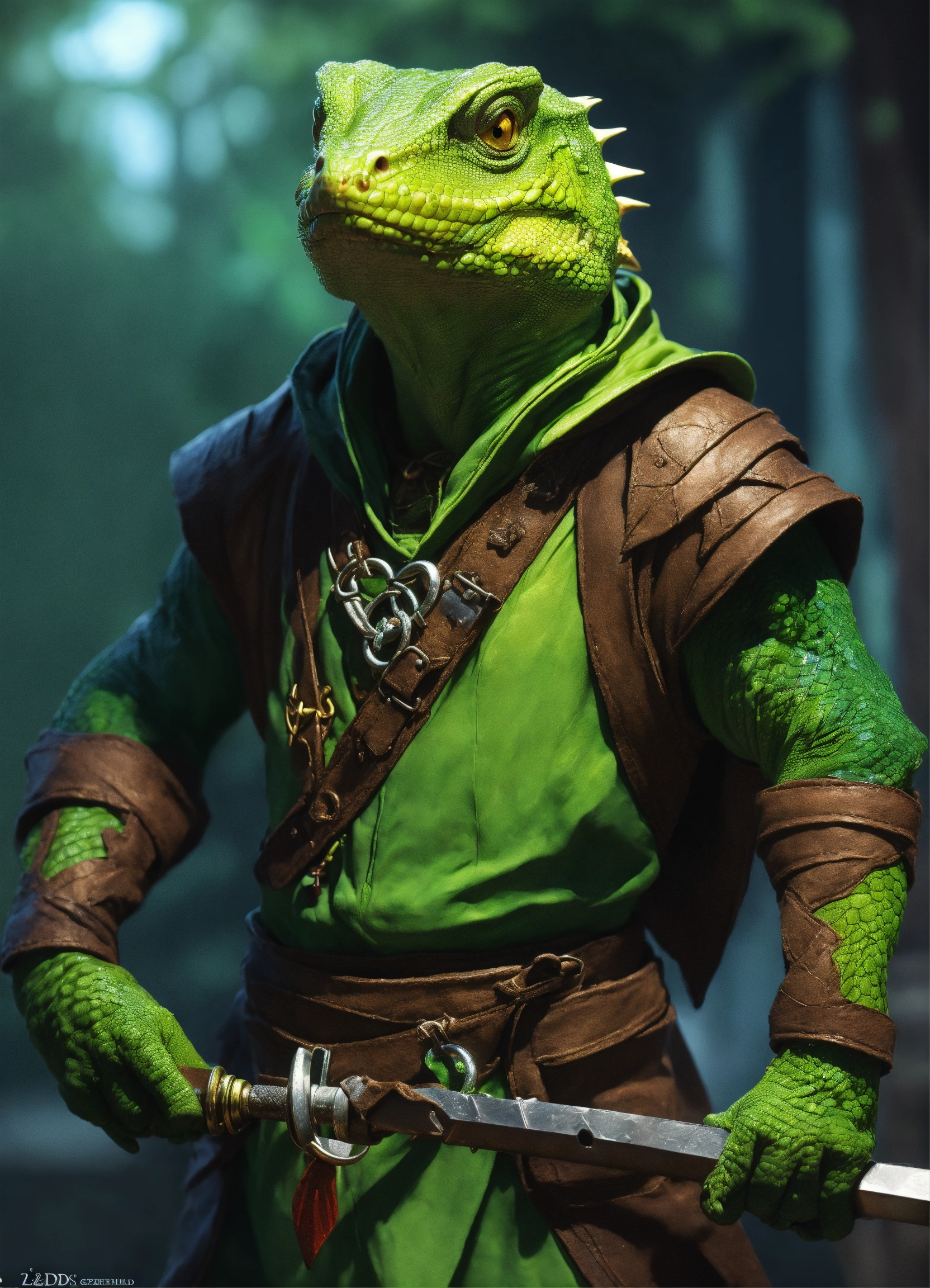 Lexica - D&D Lizardfolk green skin, alchemist, hooded