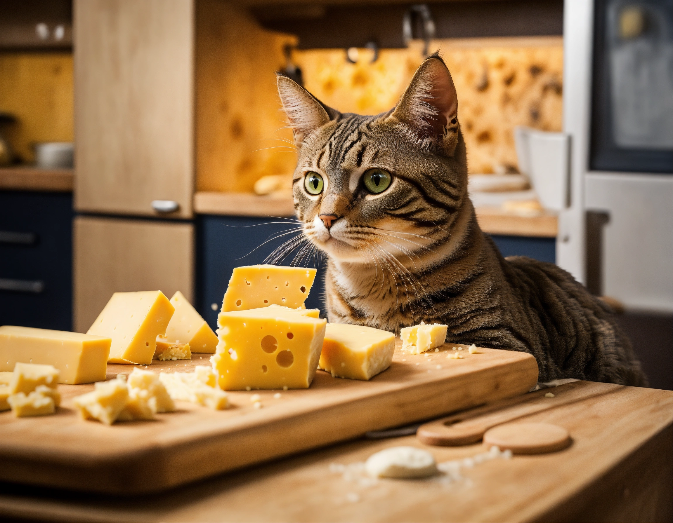 Lexica - Cute cat eating cheese in the kitchen