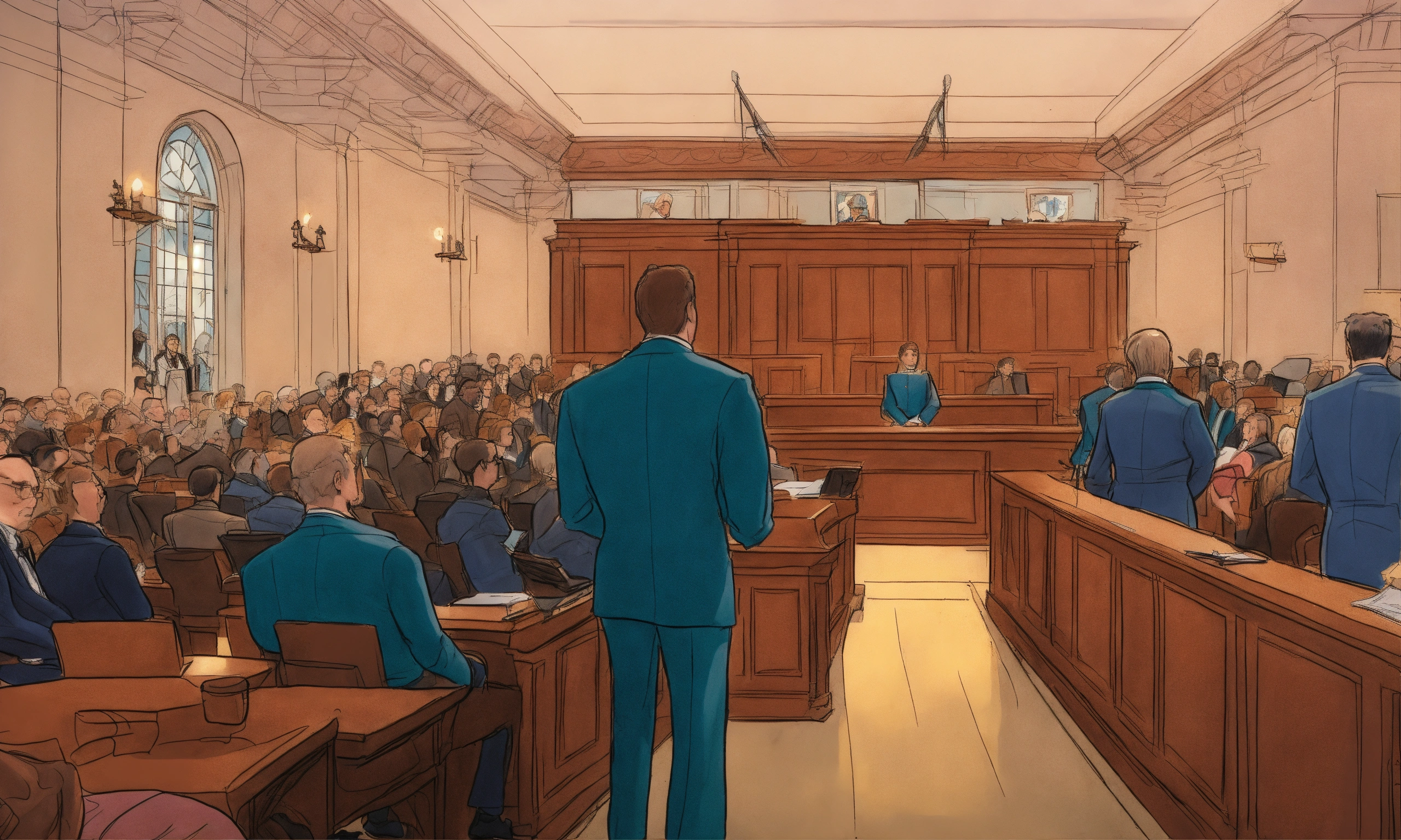 Lexica - Comic drawing of a person on trial in a courtroom with lots of ...